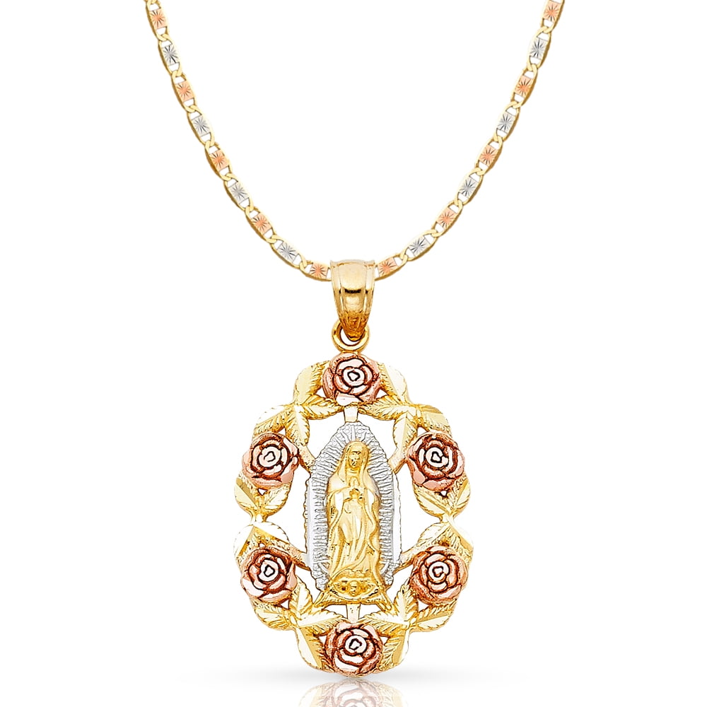 Ioka-14K Tri Color Gold Our Lady of Guadalupe Charm Pendant with 2.6mm ...