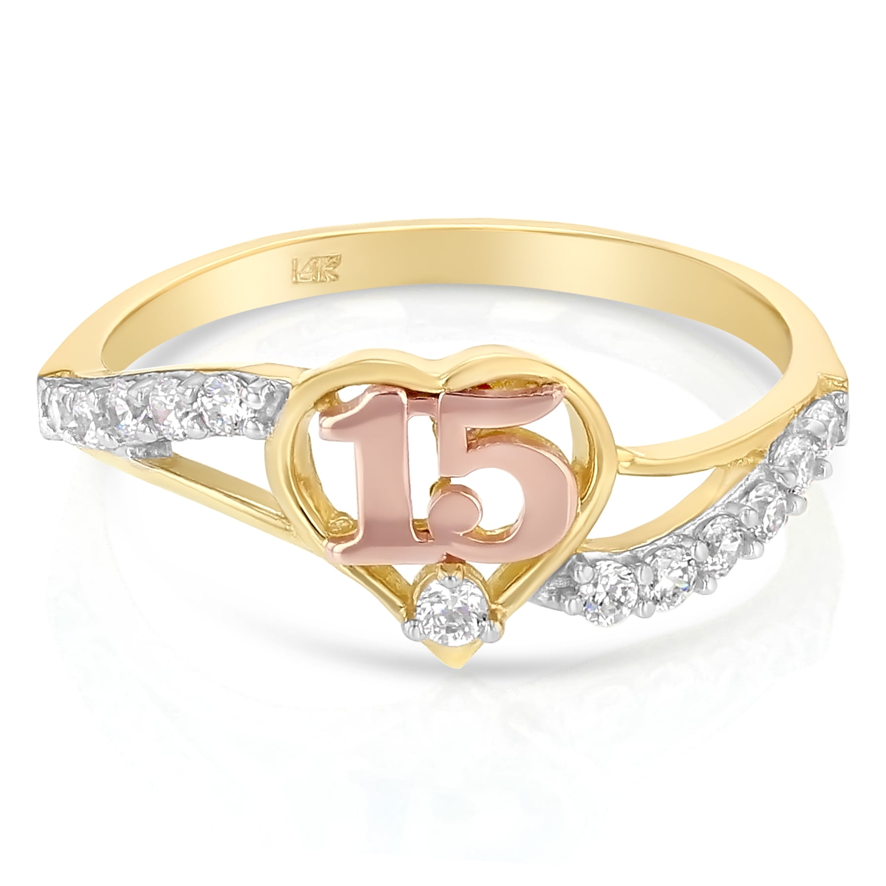 Ioka - 14K Two Tone Solid Gold 15 Years Birthday CZ Heart Quinceanera ...