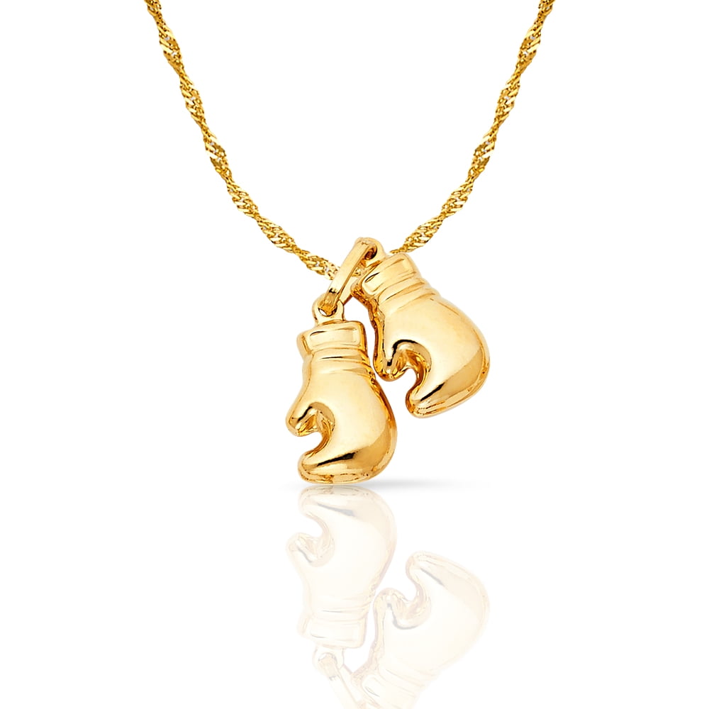 Ioka-14K Yellow Gold Dual Boxing Glove Charm Pendant with 1.2mm Singapore Chain Necklace - 16 ...