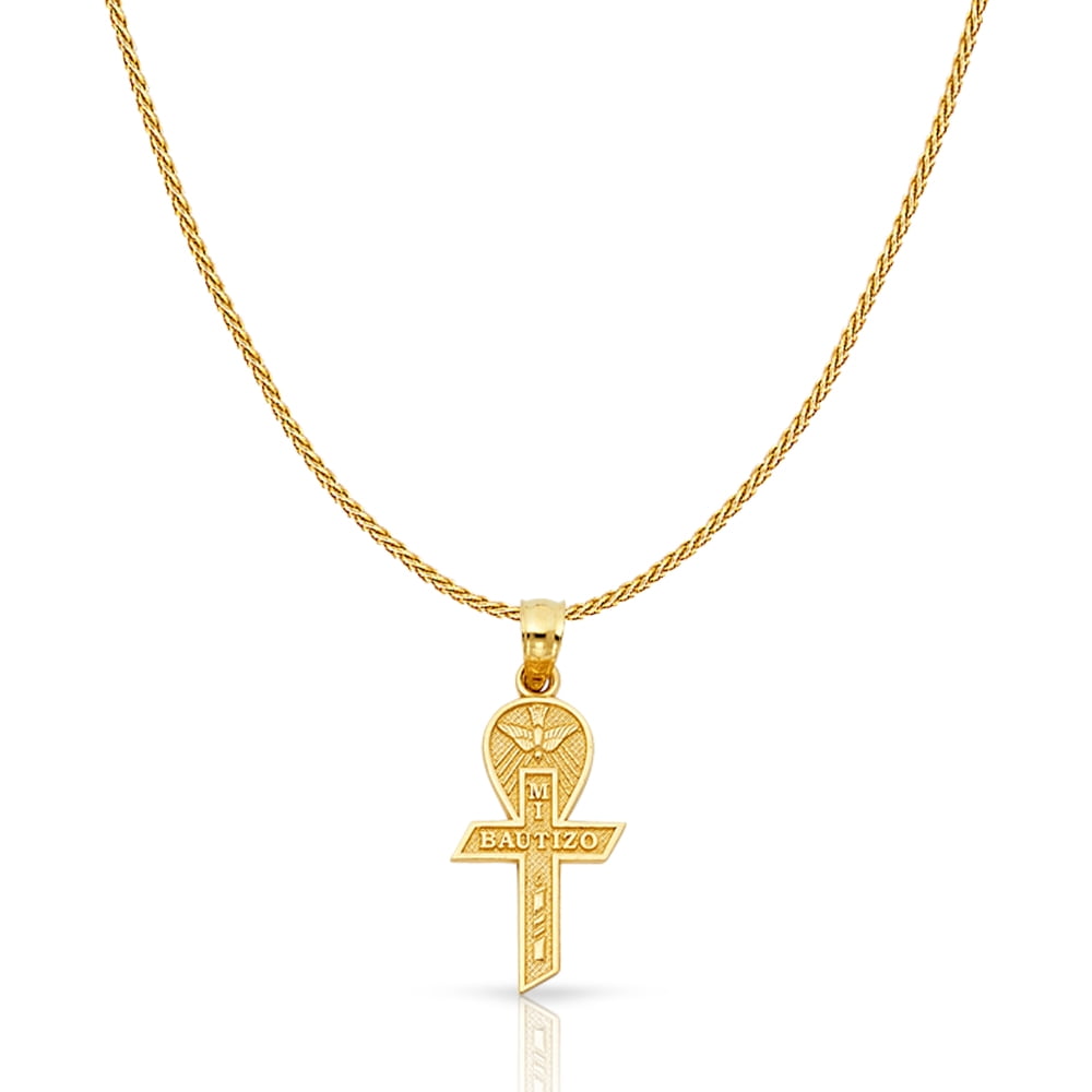 Ioka-14K Yellow Solid Gold Baptism Cross Charm Pendant with 0.9mm Wheat ...