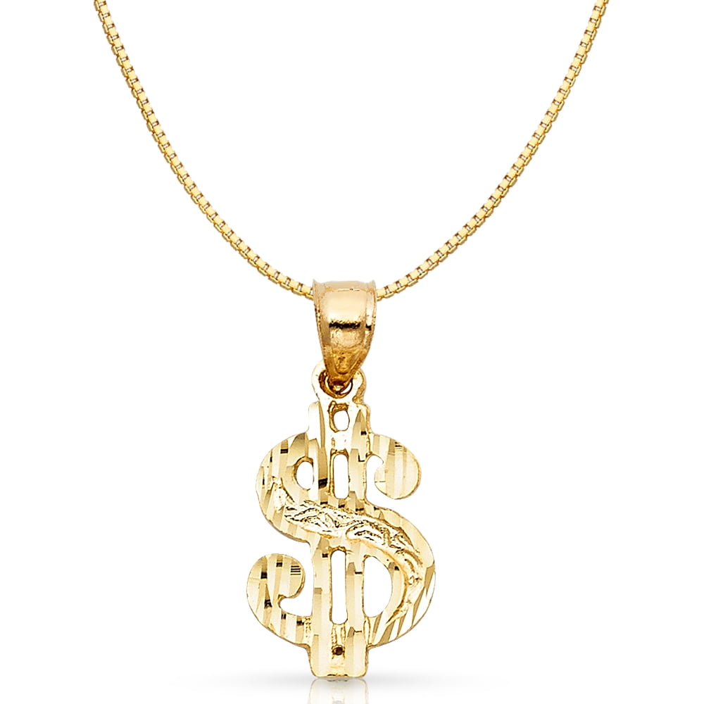 Ioka-14K Yellow Solid Gold Dollar Sign Charm Pendant with 1mm Box Chain Necklace - 22" - Walmart.com