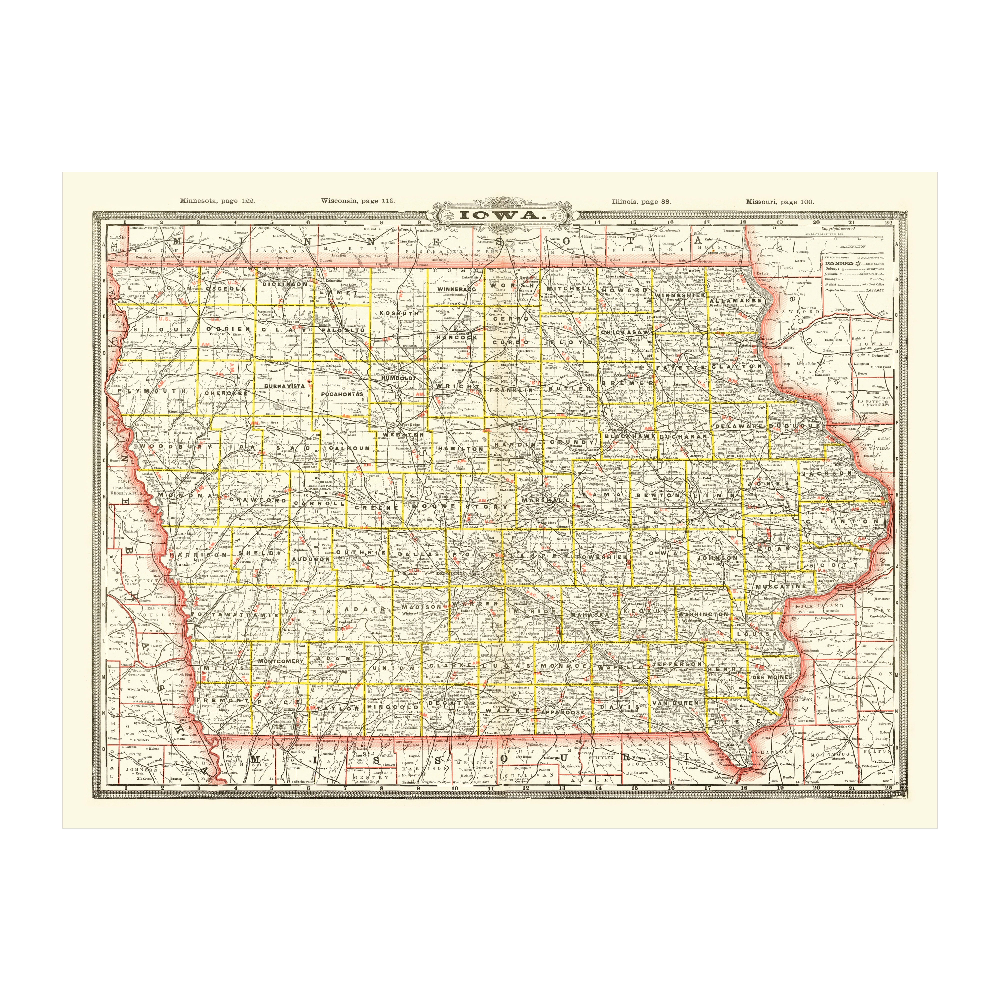 Iowa Art, 1888 Vintage Map of Iowa History Wall Decor Gift, Old Iowa ...