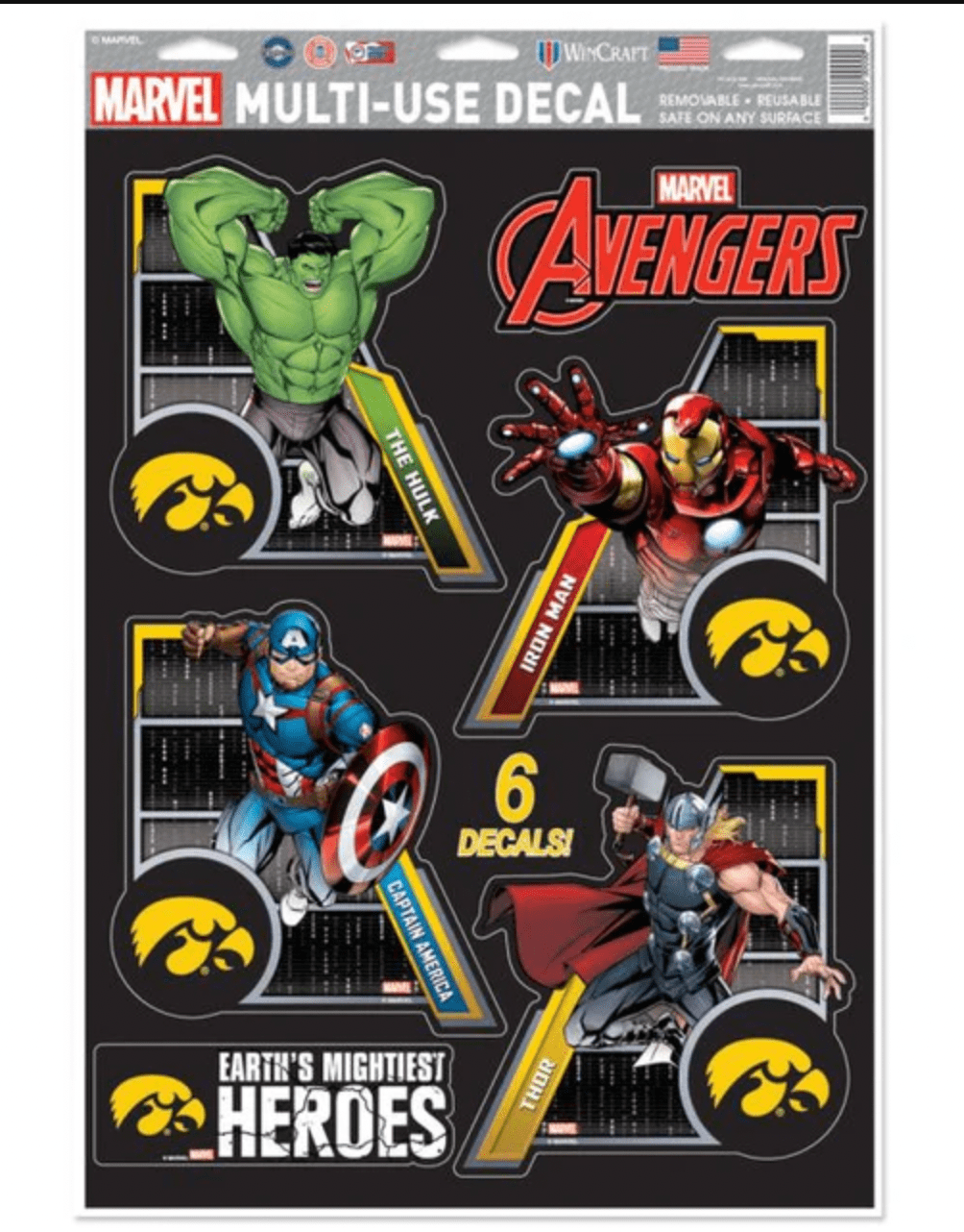 Iowa Hawkeyes / MARVEL Multi-Use 6 Piece Decals 11" x 17" - Walmart.com