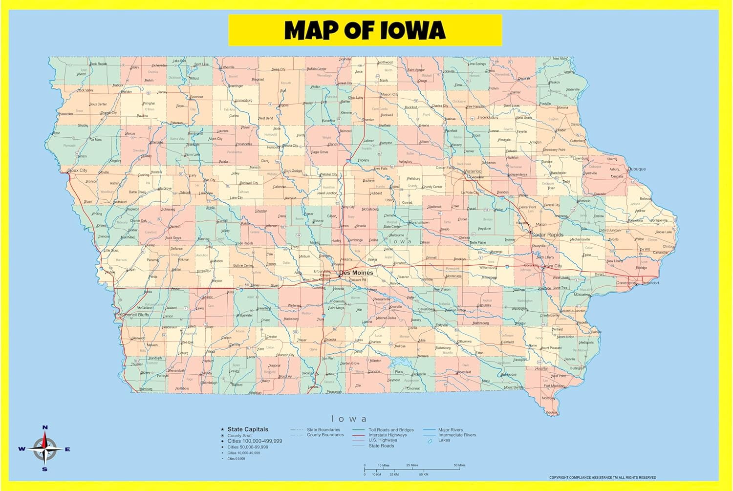 Iowa Map Poster - Laminated Wall Map - Style A - 36x60 - Ideal for Classrooms and Homes ...