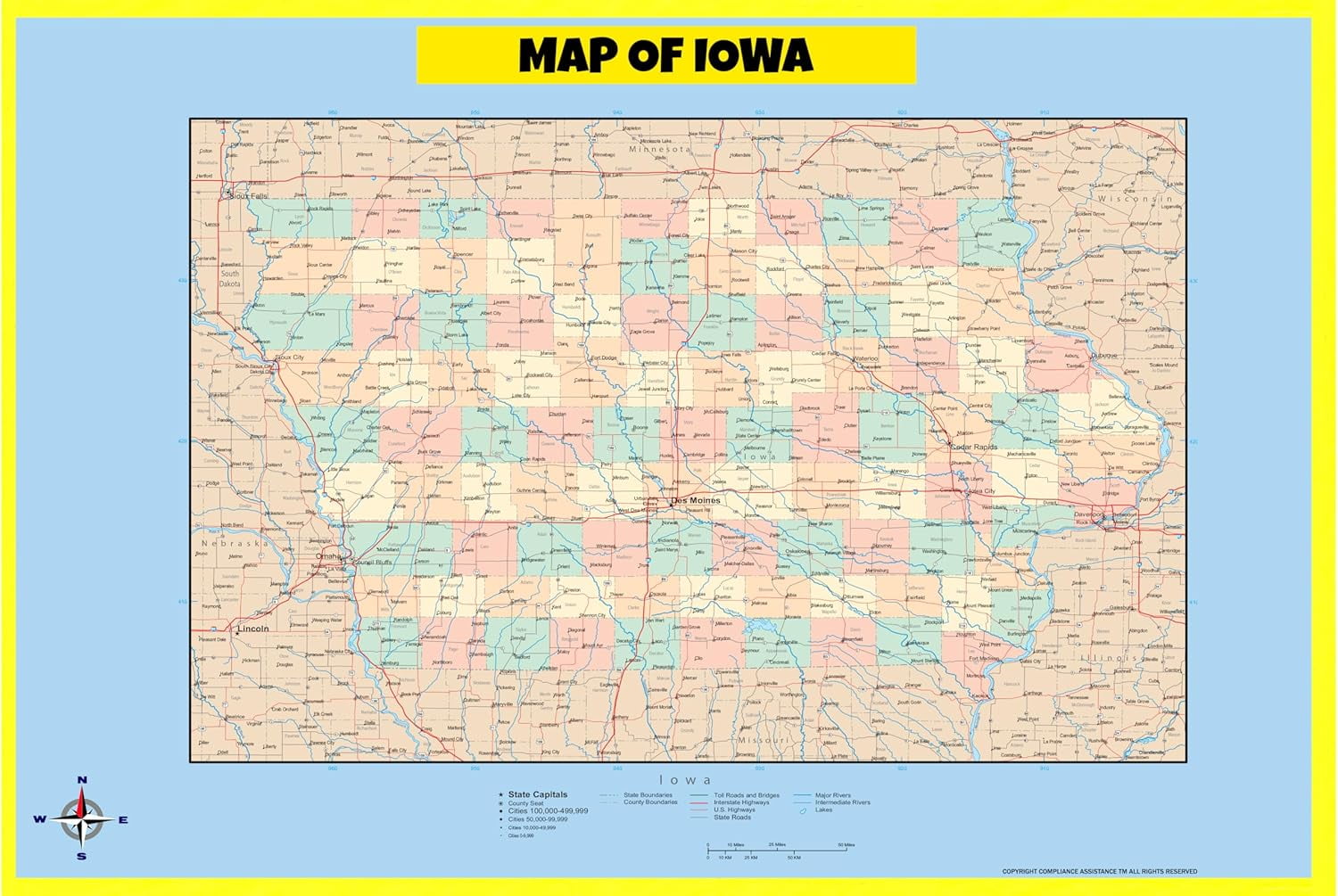 Iowa Map Poster - Laminated Wall Map - Style C - 20x30 - Ideal for Classrooms and Homes ...