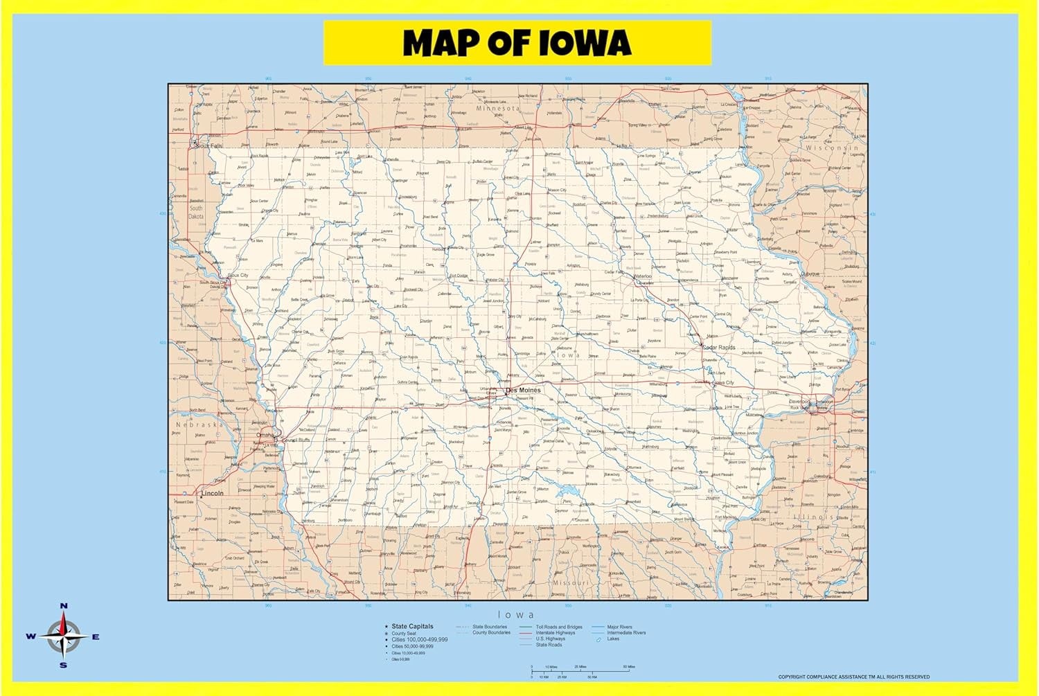 Iowa Map Poster - Laminated Wall Map - Style D - 24x36 - Ideal for ...