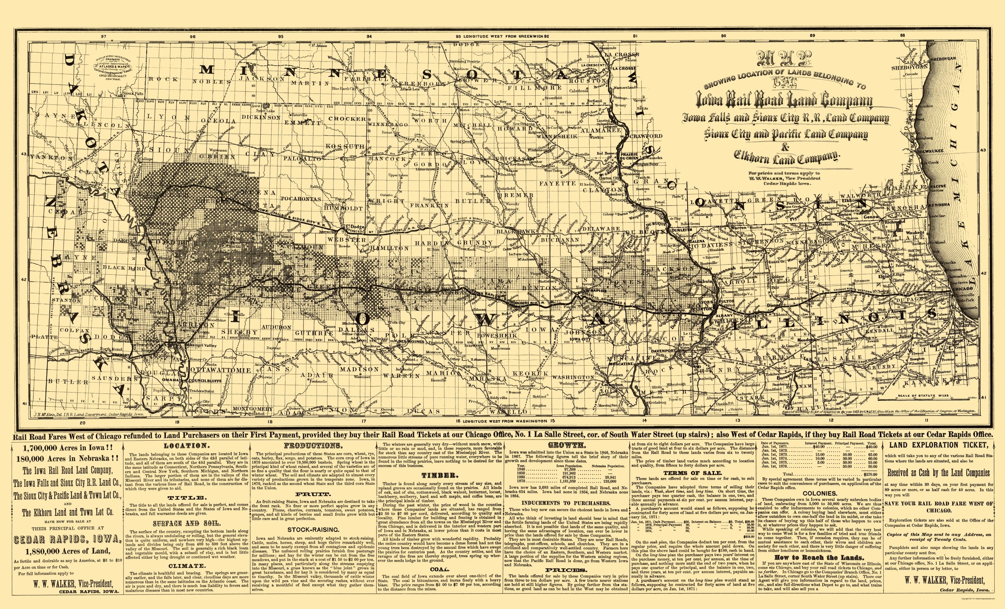 Railroad Map - Iowa Railroad Land Company - Colton 1871 - 23 x 37.95 ...
