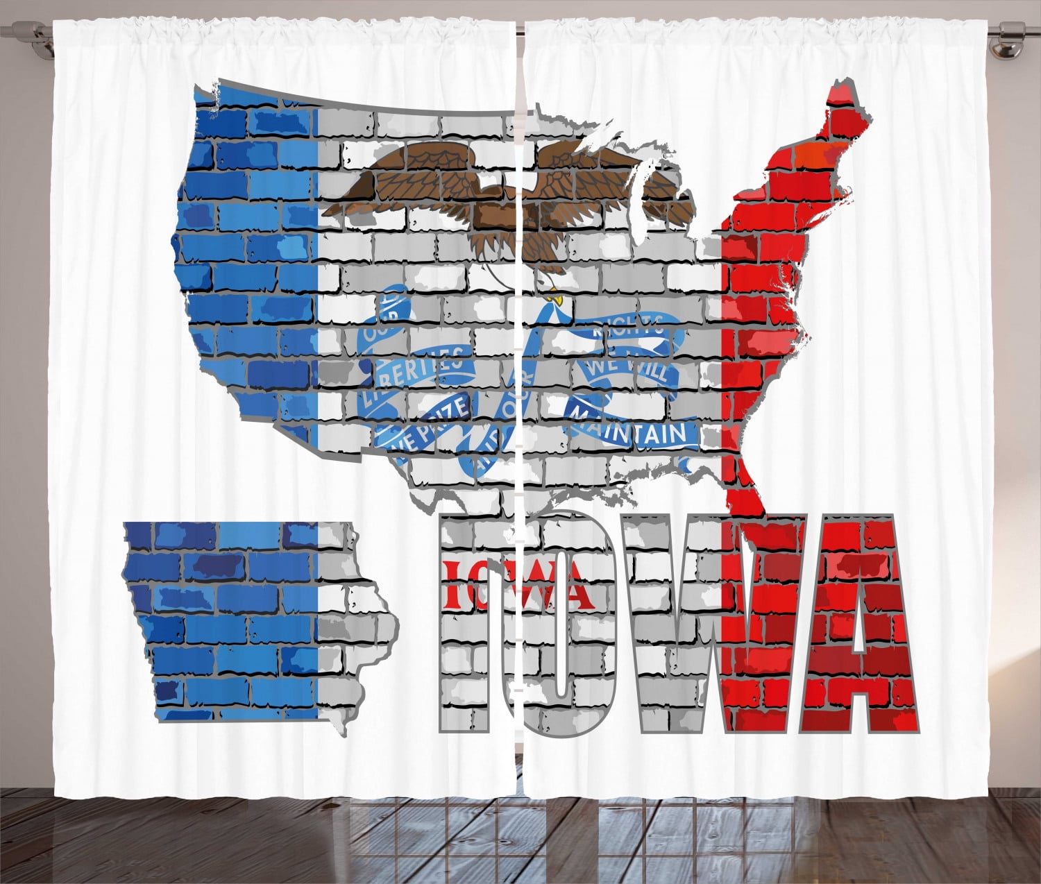 Iowa State Curtains 2 Panels Set, Iowa Map on a Brick Wall Illustration ...