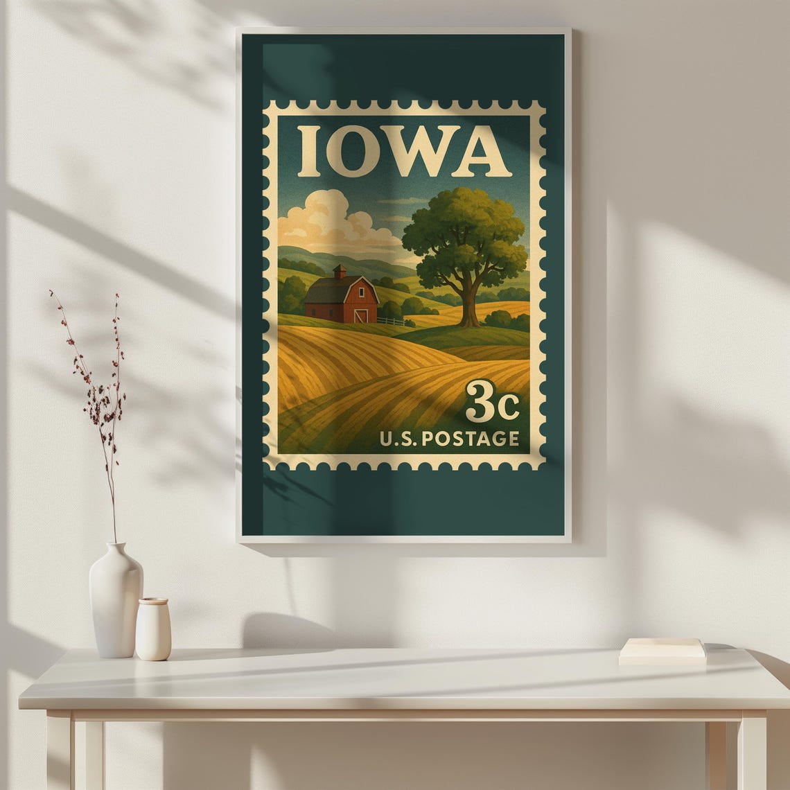 Iowa Vintage Postage Stamp Wall Art, Retro Farm Landscape Print ...