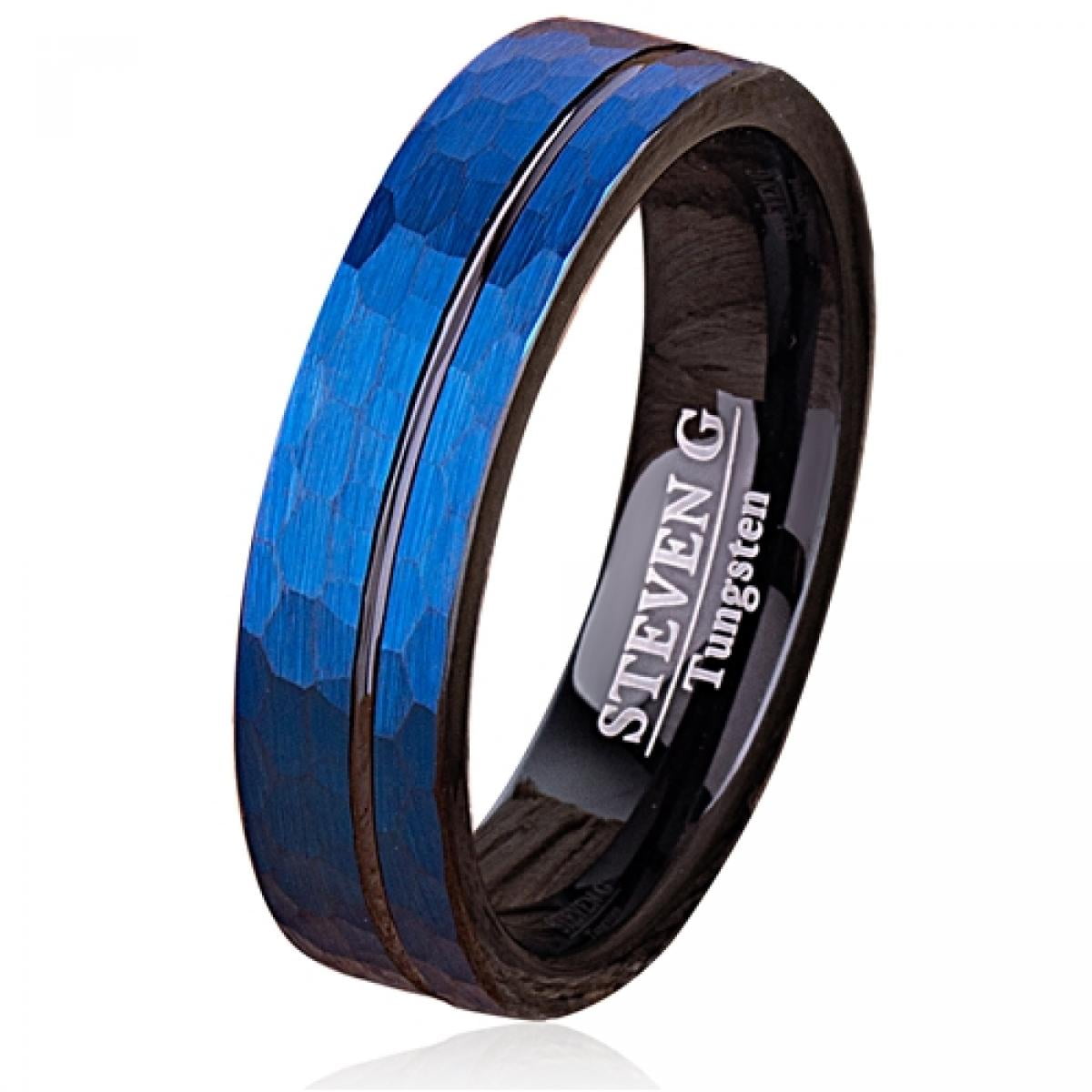 Ip Black And Blue Plated With Hammered Groove Center Tungsten Ring ...