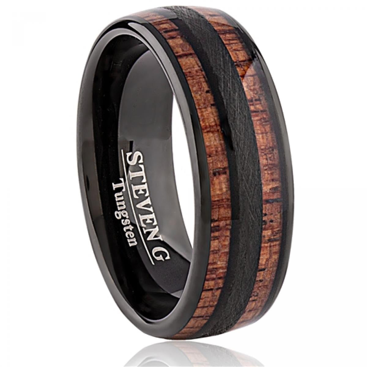 Ip Black Plated Brushed Center With Two Strips Of Polished Koa Wood Inlay Ring - Walmart.com