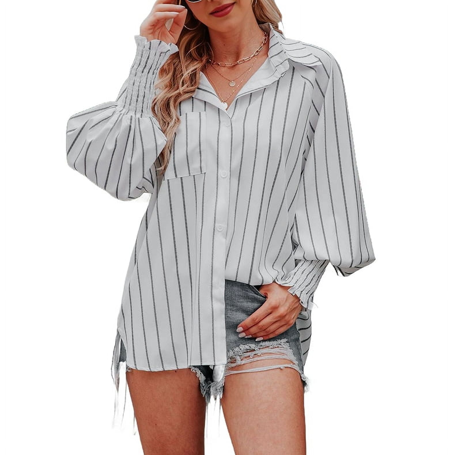 Ipladies Women'S Button Down Striped Shirts Collared Puff Long Sleeve ...