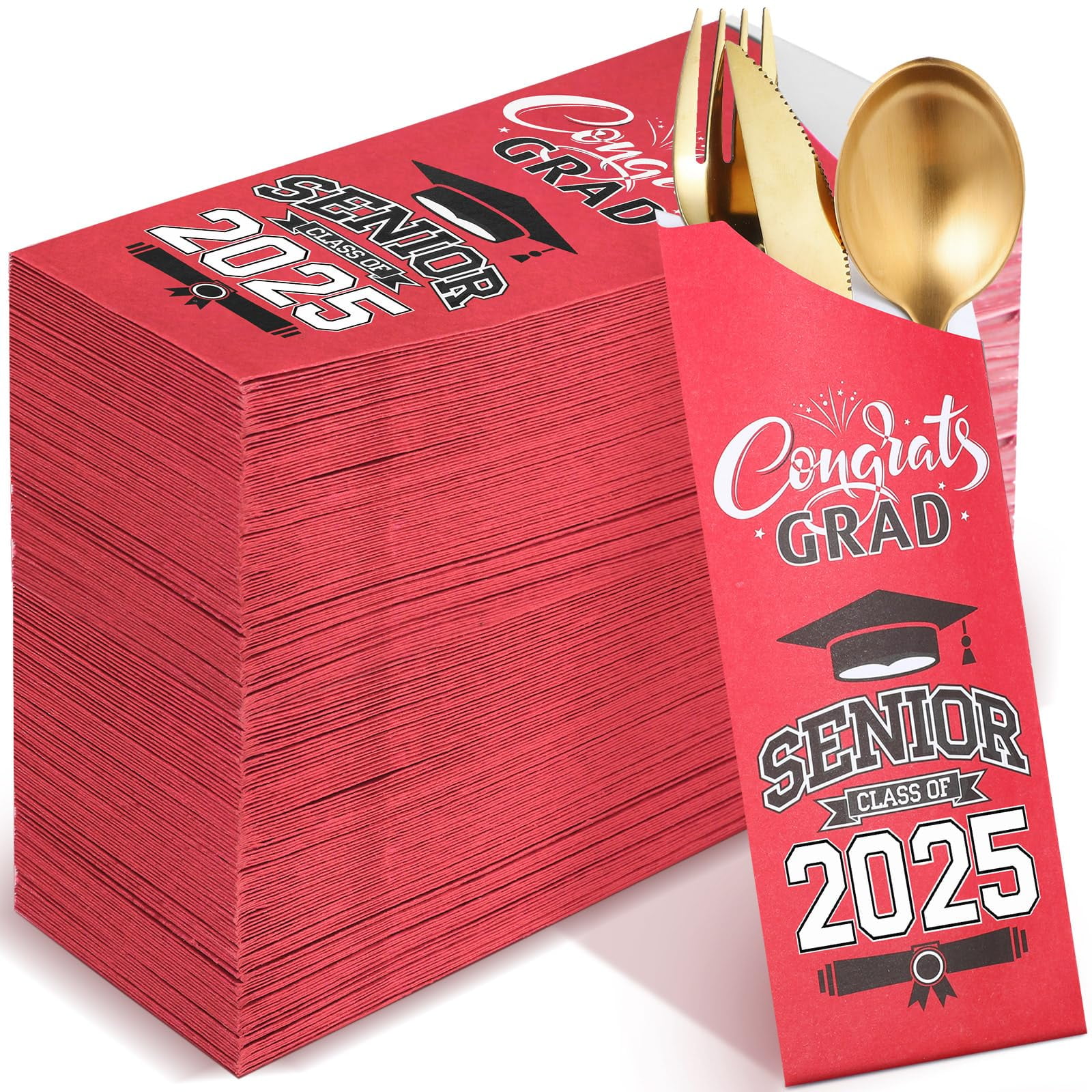 Ireer 100 Pcs Class of 2025 Graduation Paper Silverware Bags Utensil ...