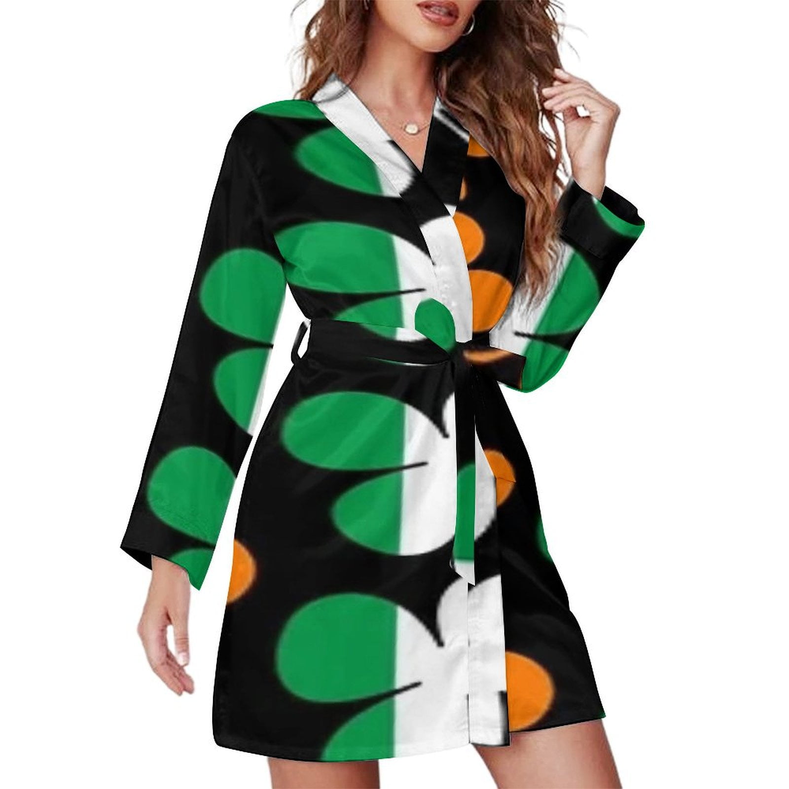 Ireland Flag Shamrock Irish Four Leaf Clover Night Robe Long Sleeve V ...
