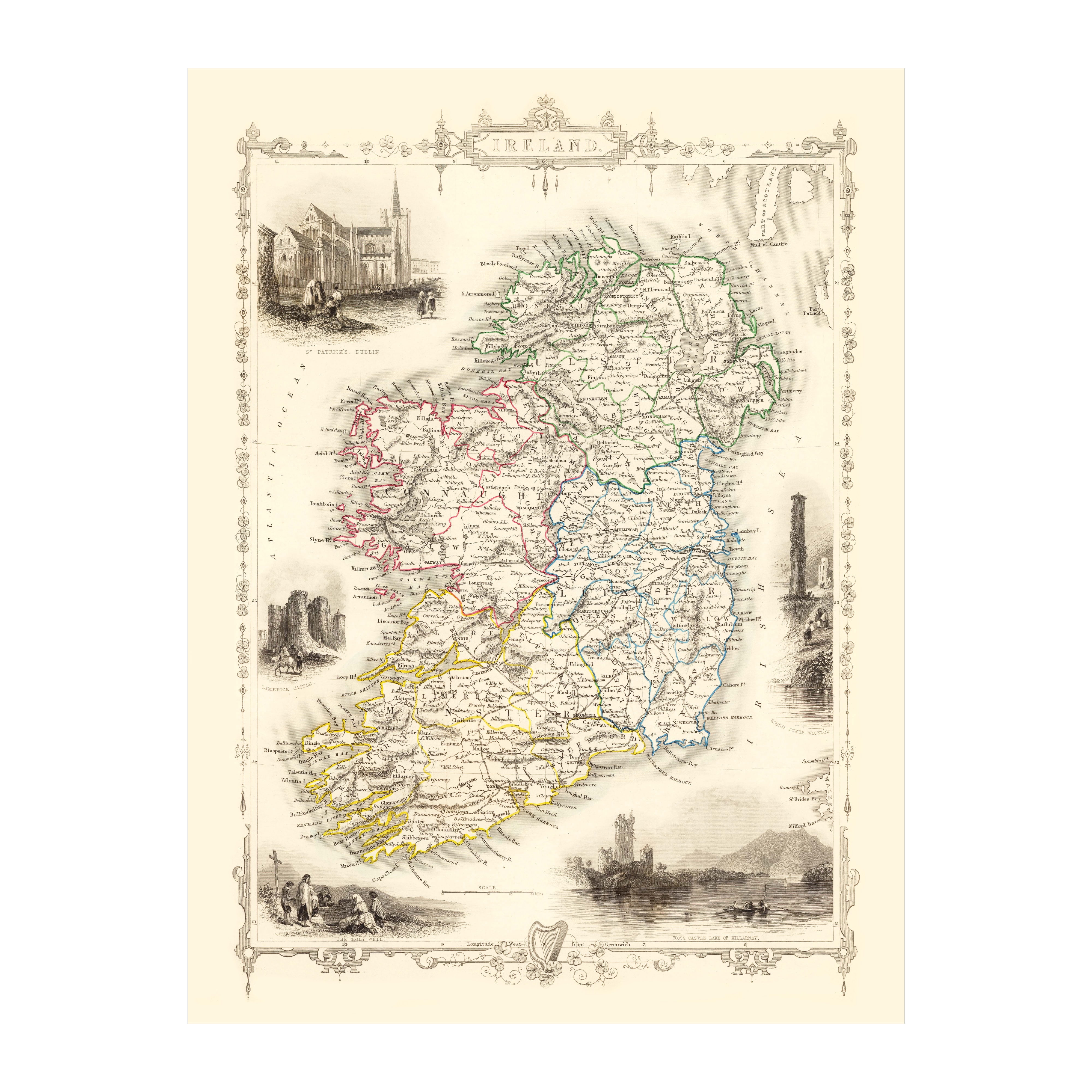 Ireland Map, 1851 Vintage Map of Ireland History Wall Decor Gift, Old ...