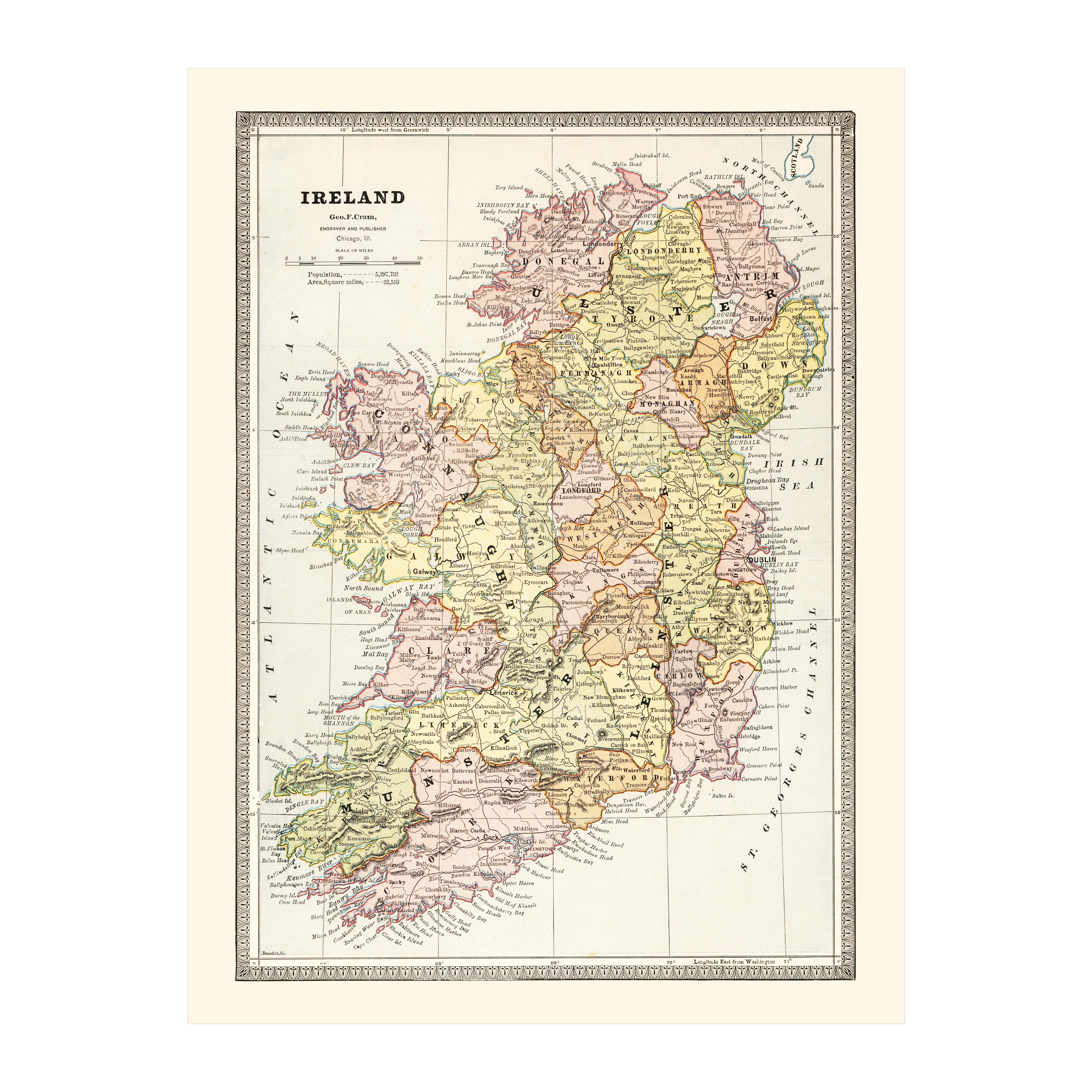 Ireland Map, 1883 Vintage Map of Ireland History Wall Decor Gift, Old ...