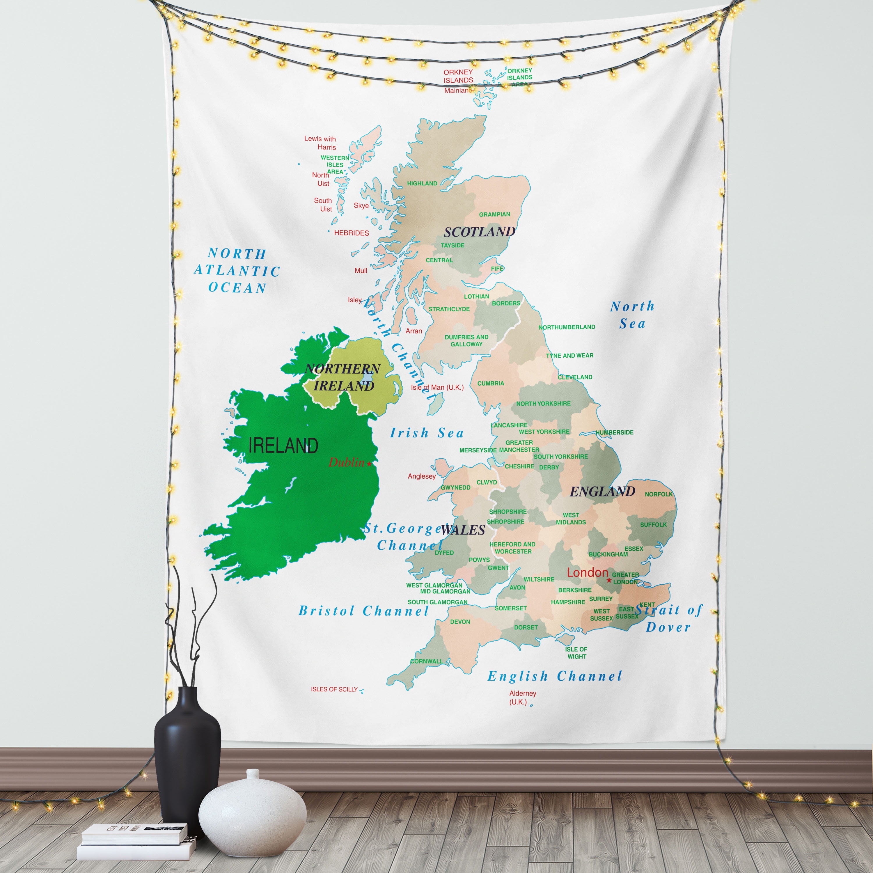 Ireland Map Tapestry, Info-Graphics with Names of Countries and Seas ...