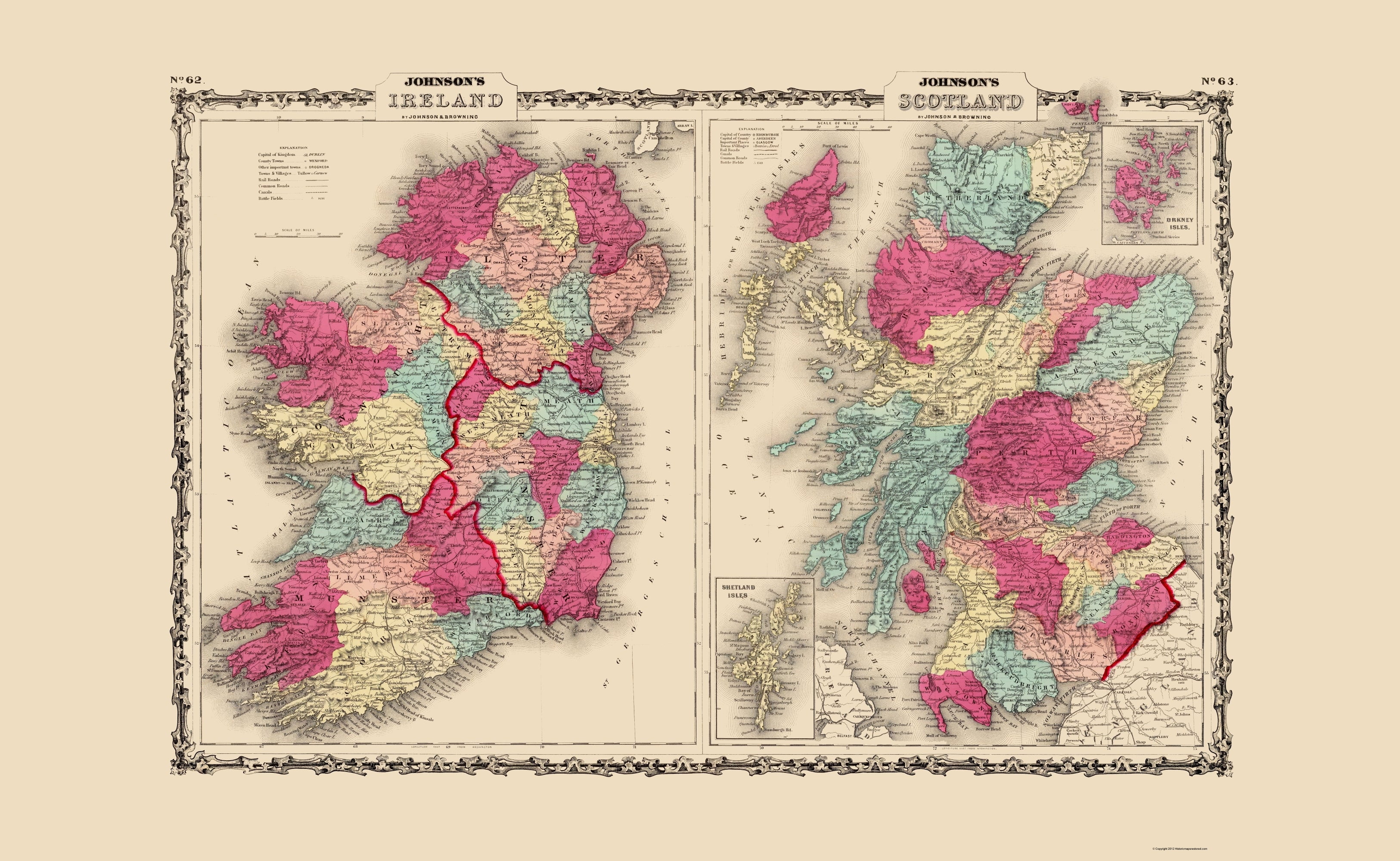 Historic Map - Ireland Scotland - Johnson 1860 - 23 x 37.38 - Vintage ...