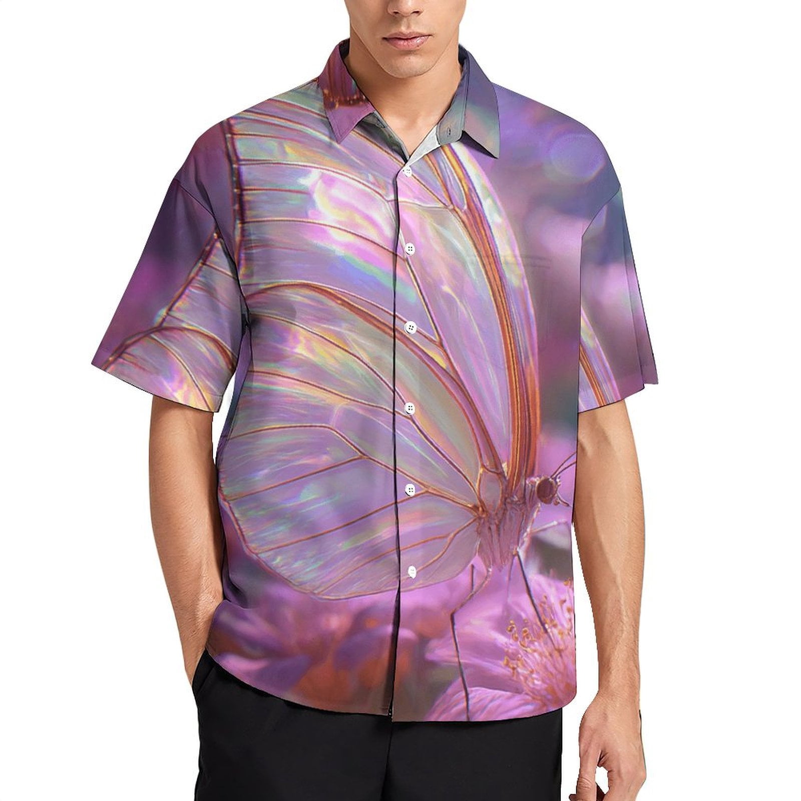 Iridescent Butterfly Gentle Pink Flowers Men's Shirt Short Sleeves ...