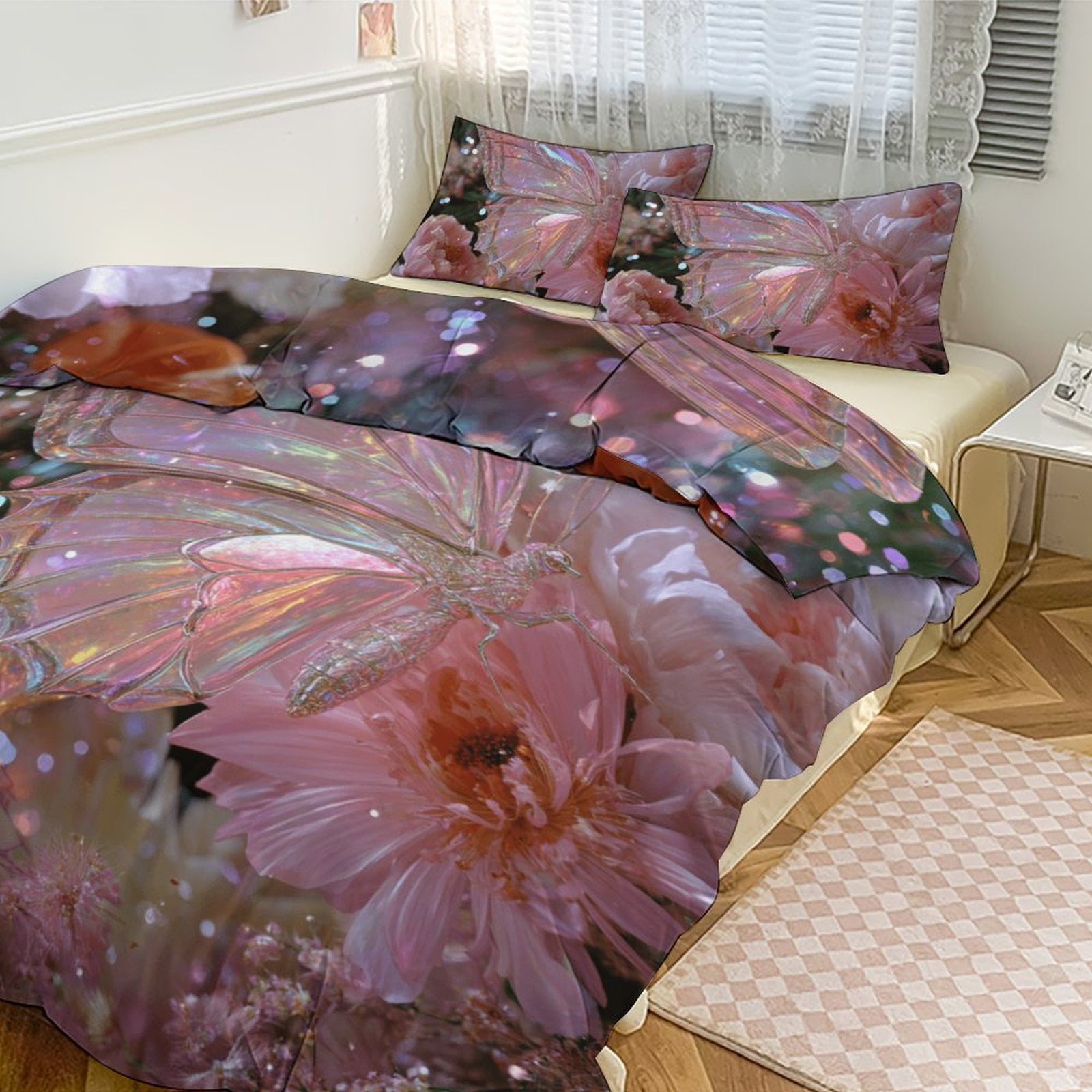 Iridescent Butterfly Pink Flower Magic Dream Bedding Set with Zipper Closure for Girls & Boys ...