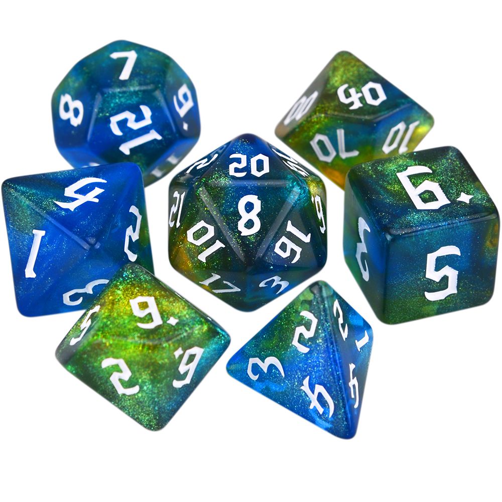 Iridescent Glitter Polyhedral 7-Die Two-tone Sickle Font Dice Set for ...