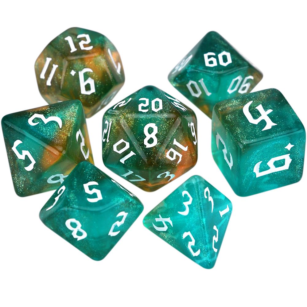 Iridescent Glitter Polyhedral 7-Die Two-tone Sickle Font Dice Set for ...