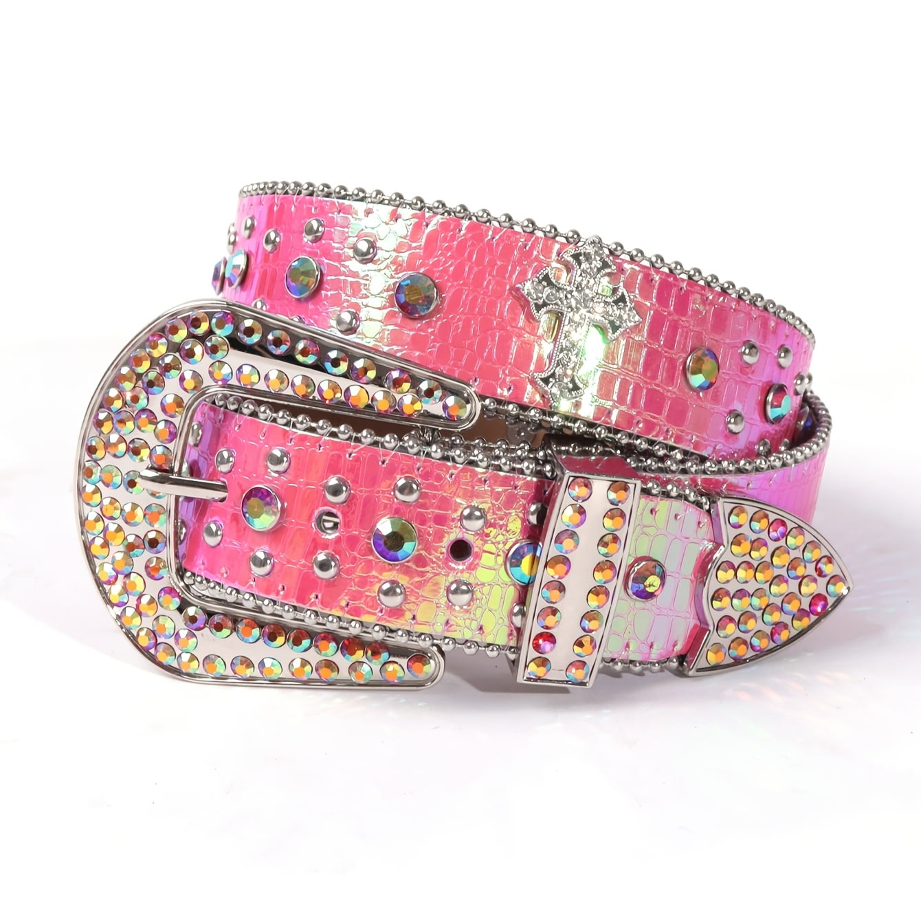 Iridescent Green Faux Leather Belt with Sparkling Rhinestones & Rivets ...