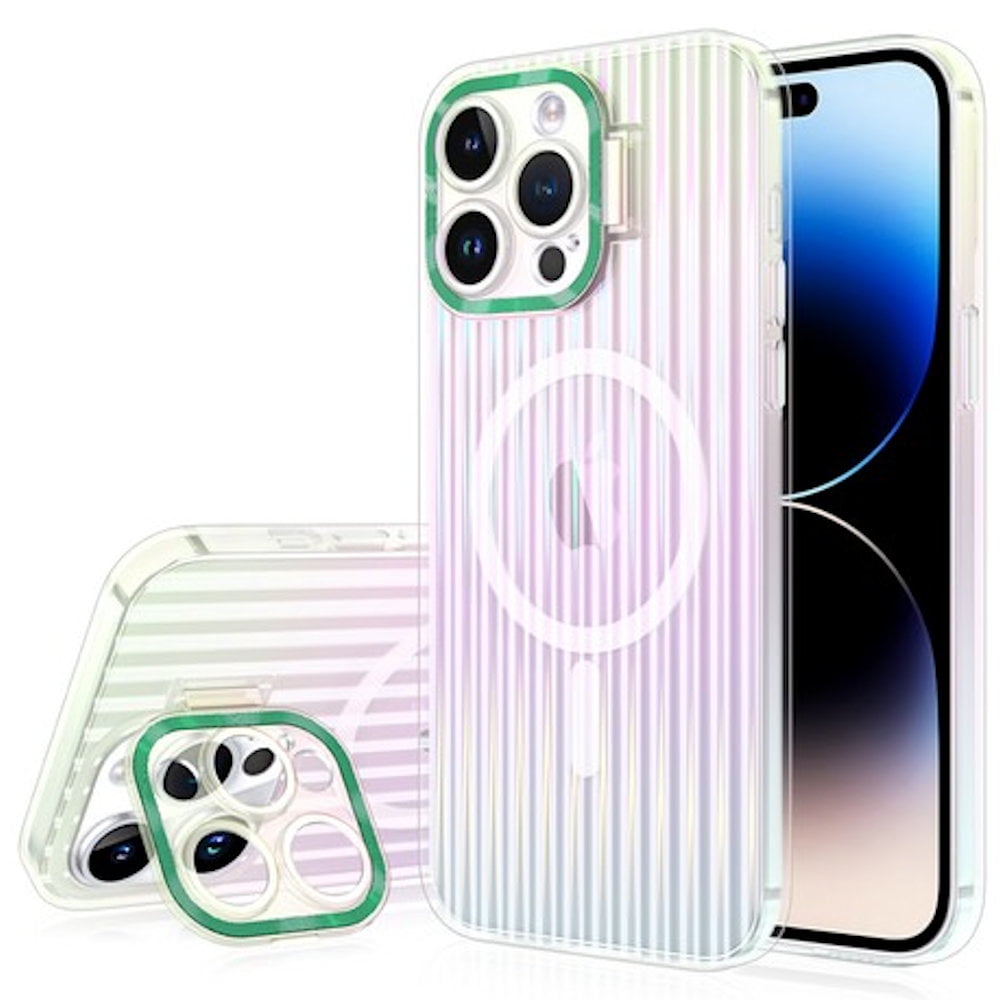 Iridescent Groove Case with MagSafe and Green Camera Ring Stand for ...