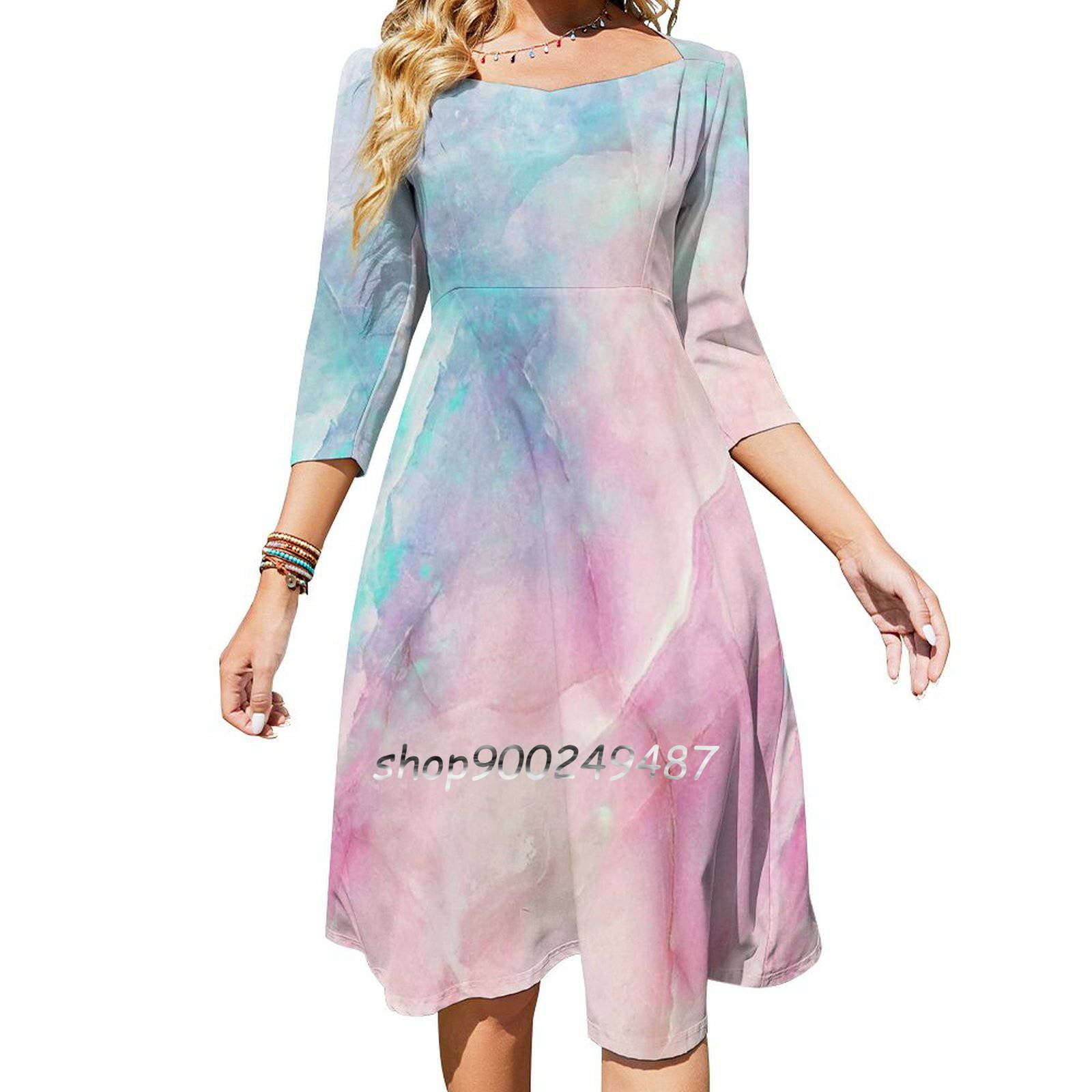 Iridescent Marble Square Neck Dress Cute Loose Print Dresses Elegant ...