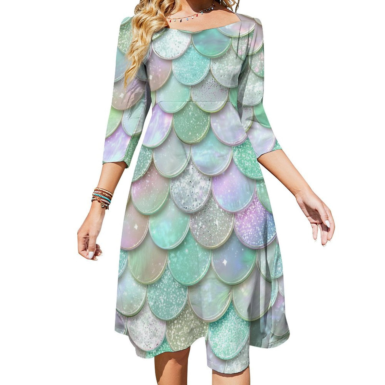 Iridescent Mermaid Scales Pattern Flare Dress Square Neck Dress Elegant ...