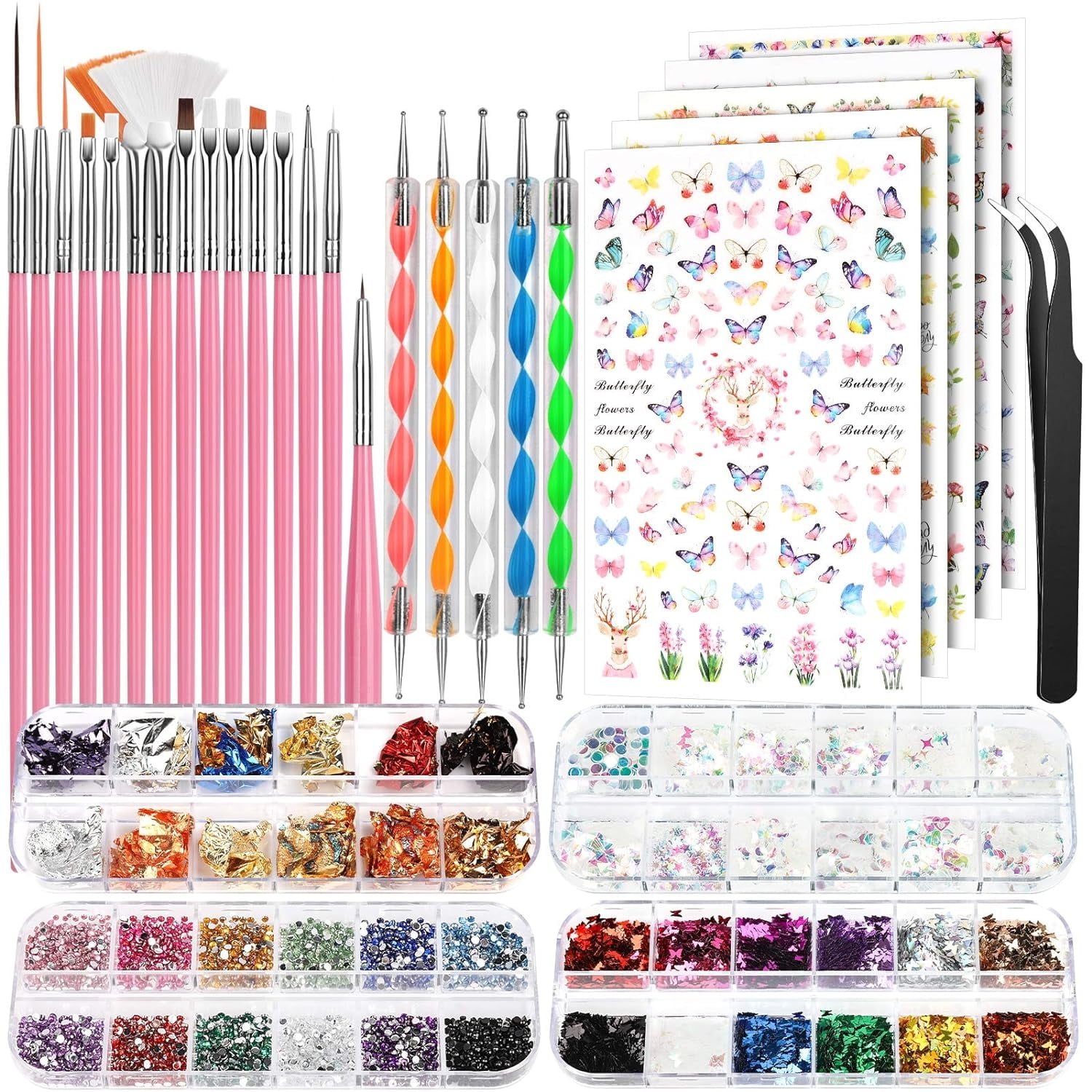 Iridescent Nail Art Flakes Kit with Colorful Nail Art Brushes Including ...