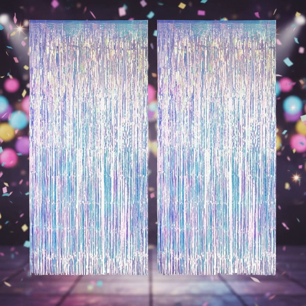 Iridescent Party Streamers Backdrop - Neon Transparent Holographic ...