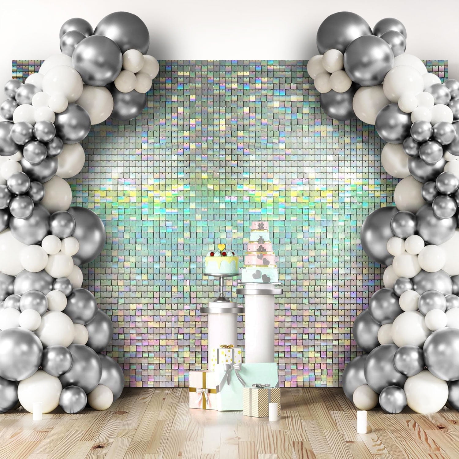 Iridescent Silver Shimmer Wall Backdrop, 49 Panels Square Sequin ...