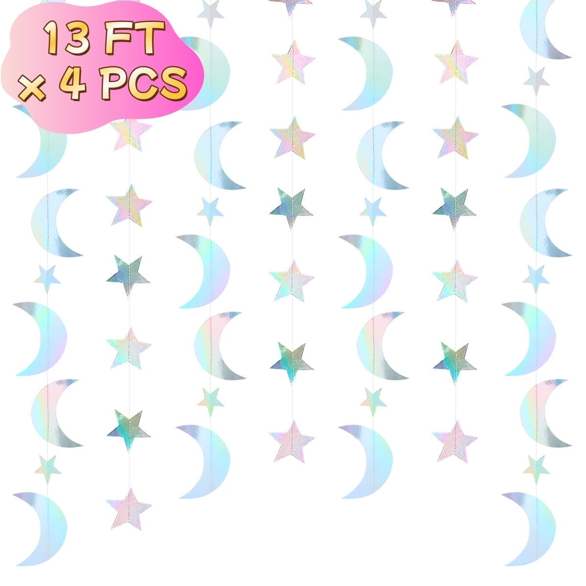 Iridescent Star Moon Garland Decoration 52FT/4PCS - Twinkling Little ...