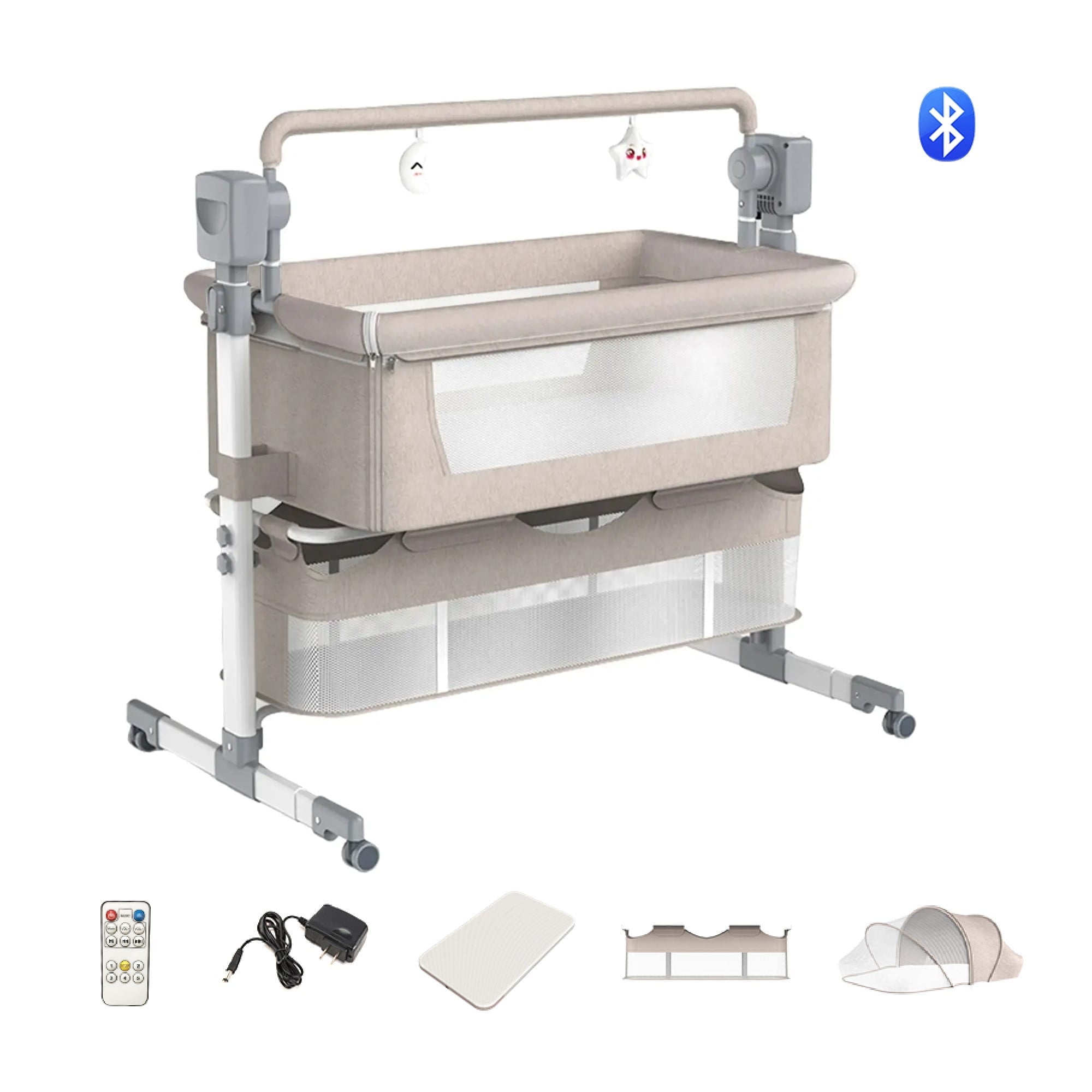 Iris Baby Infant Bassinet Bedside Sleeper,Foldable Baby Crib with Remote Control,Bluetooth Music ...