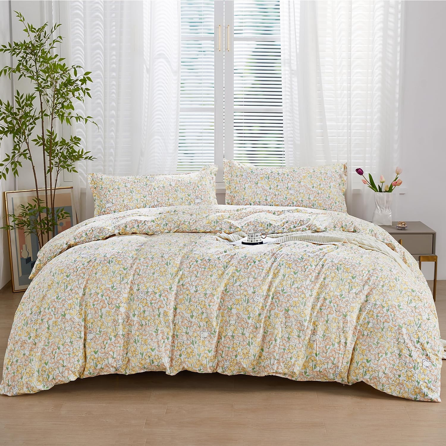 Iris Floral Duvet Cover Queen Botanical Orange Floral Green Leaves ...