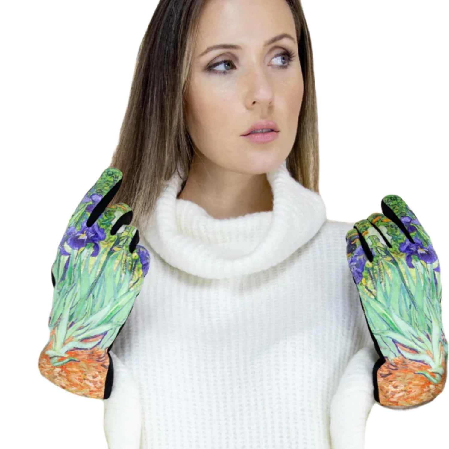 Iris Flower Art Gloves – BLUE GREEN, Touchscreen Friendly, Floral Print ...