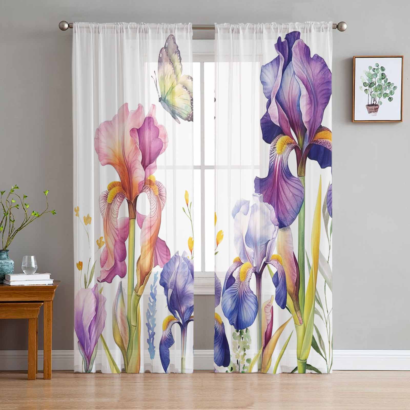 Iris Flower Summer Plant Butterfly Sheer Curtains for Living Room Kitchen Window Curtains ...