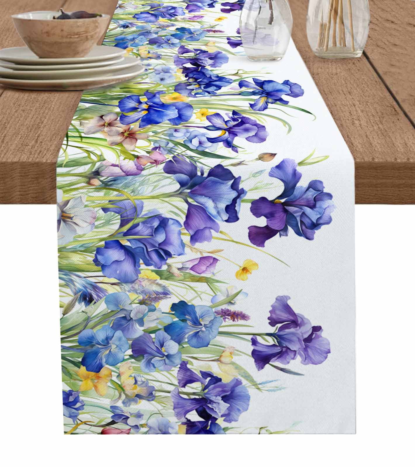 Iris Flower Watercolor Table Runner Cotton Linen Wedding Table r ...