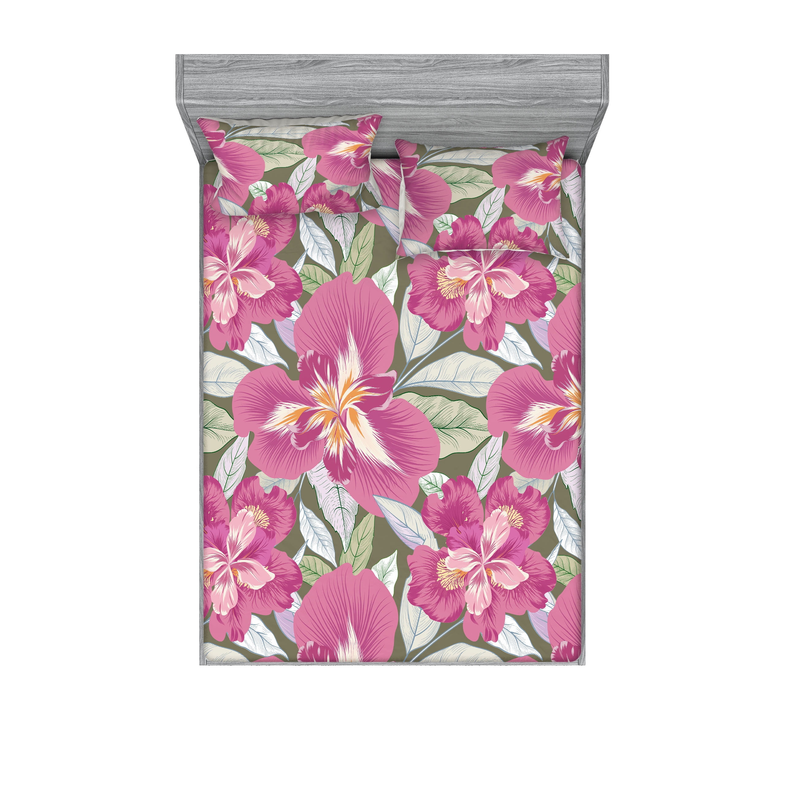 Iris Flowers Fitted Sheet & Pillow Sham Set, Dreamy Design of a Tropical Scene Jungle Leaves and ...