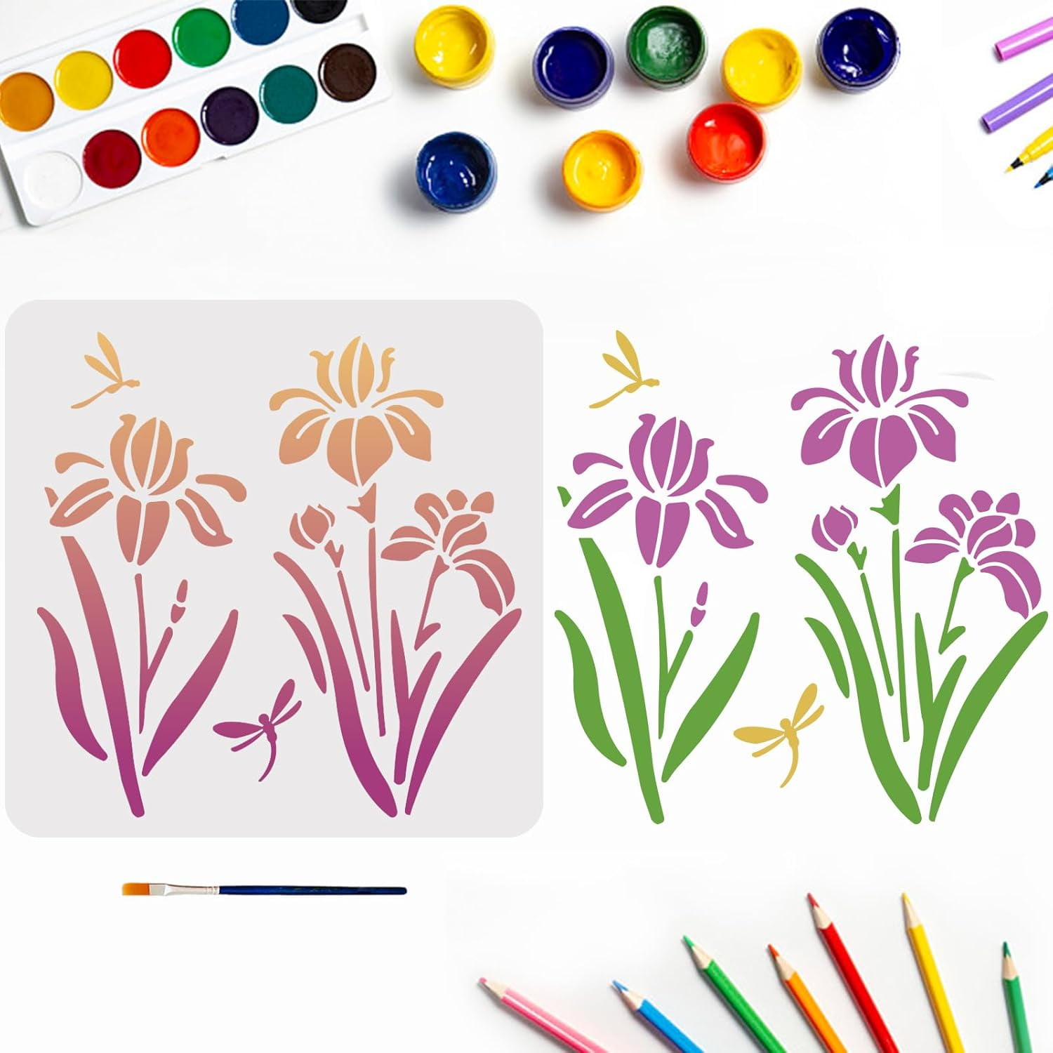 Iris Flowers Stencil 11.8×11.8inch Iris Dragonfly Painting Stencils ...