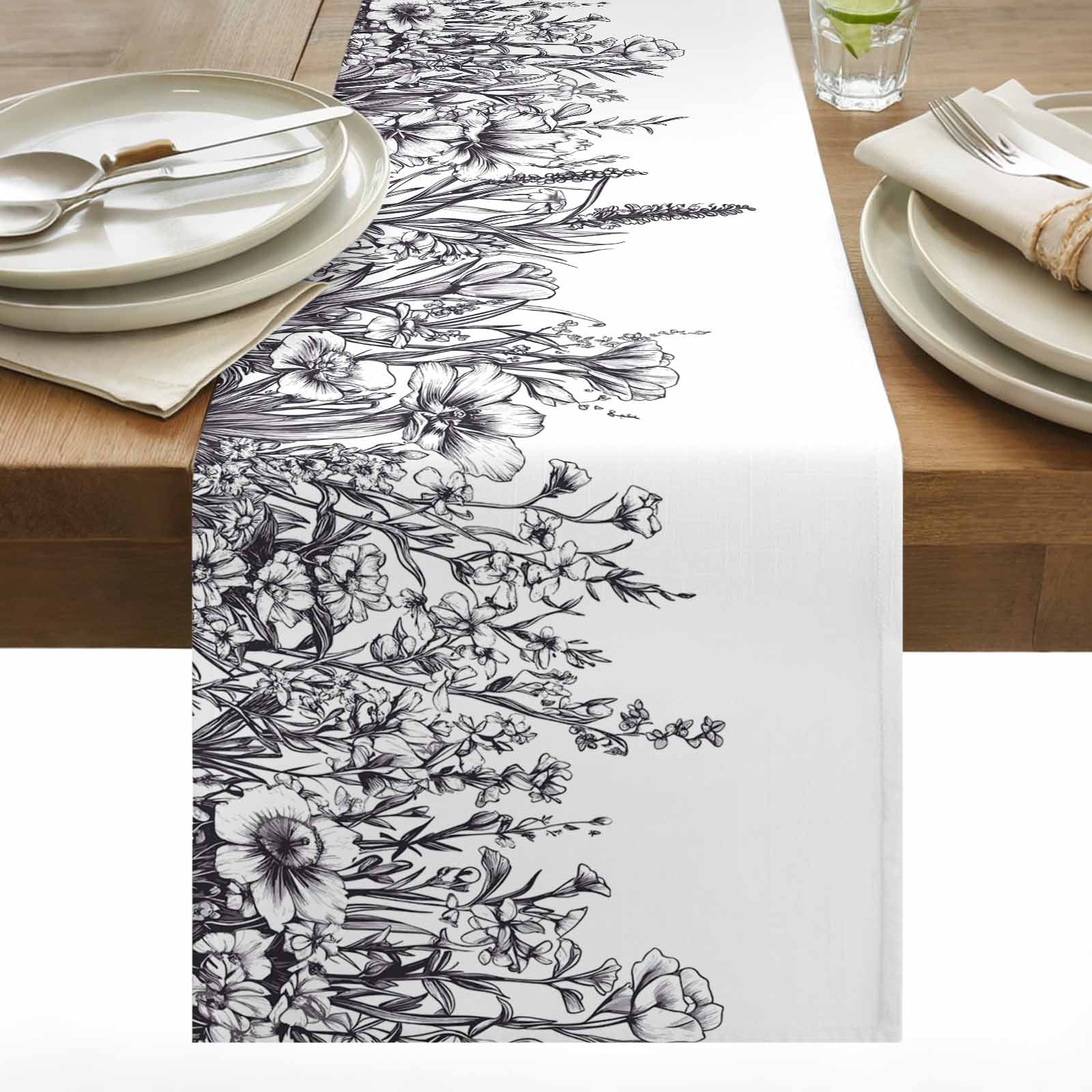 Iris Lavender Table Runner 13x72 inch Black Plant Flower Cotton Linen ...