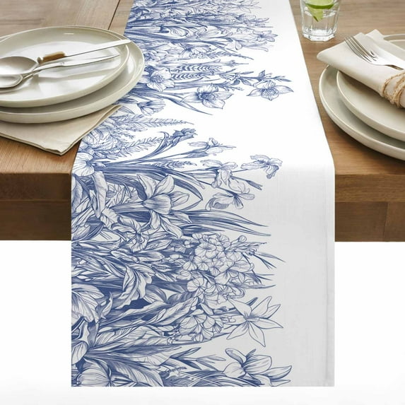 Iris Leaf Table Runner 13x90 inch Plant Flower Cotton Linen Dining ...