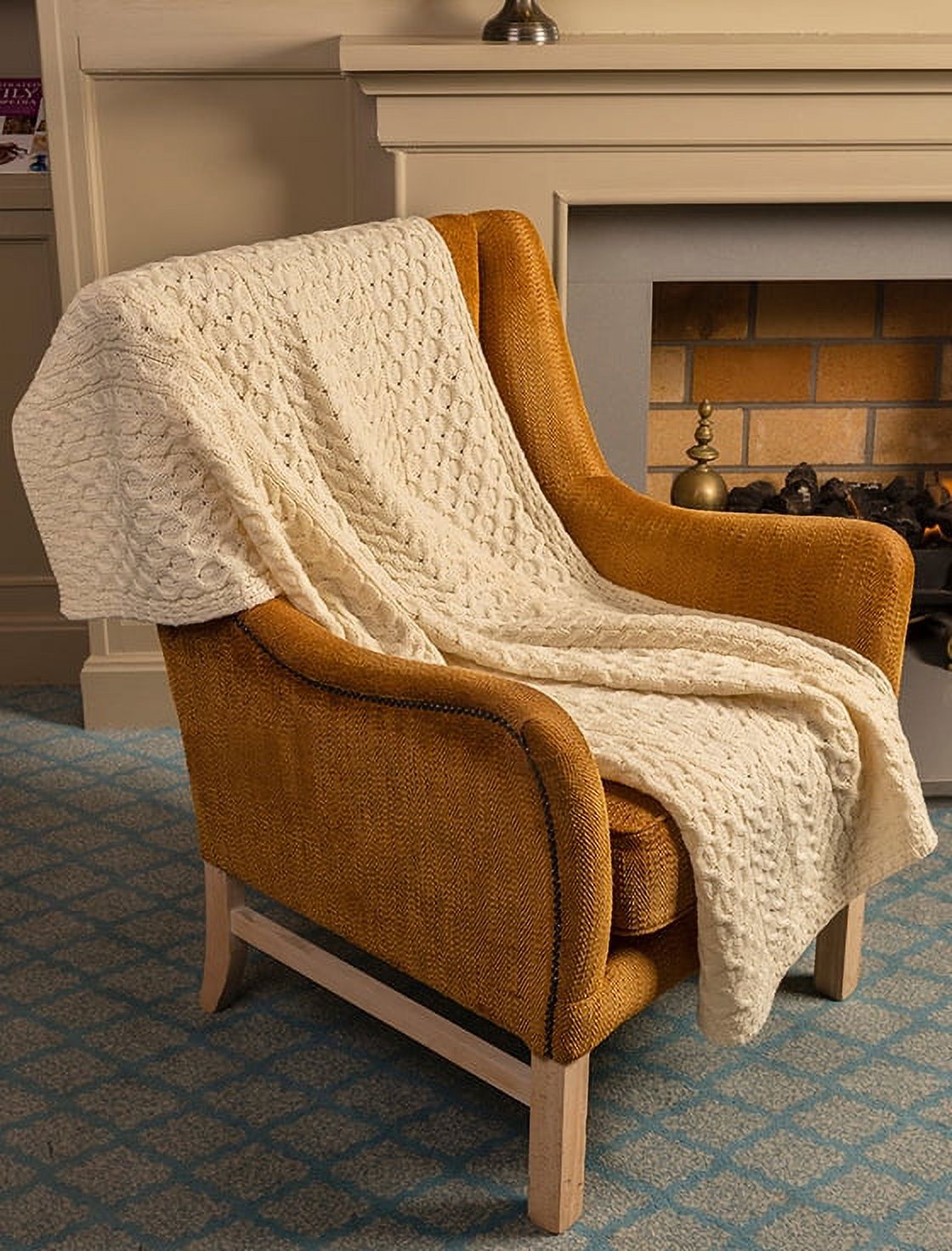 Irish Aran Honeycomb Cable Knitted Throw 100% Wool Soft Blanket 65" x ...
