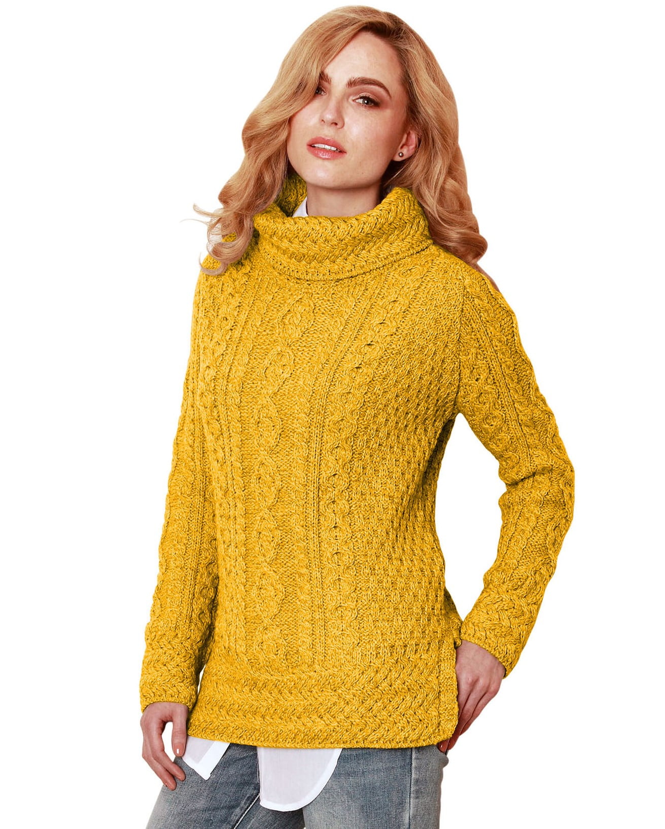 Irish Aran Vented Roll Neck Sweater 100% Soft Merino Wool Cable Knitted ...