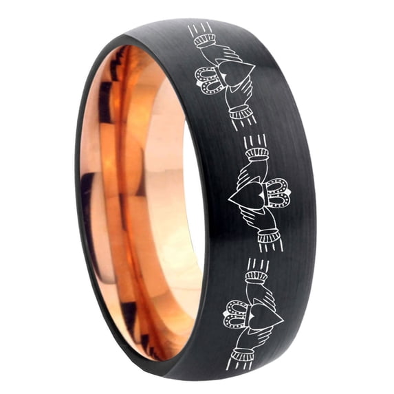 Irish Claddagh Dome Black And Rose Gold Tungsten Wedding Ring 10MM ...