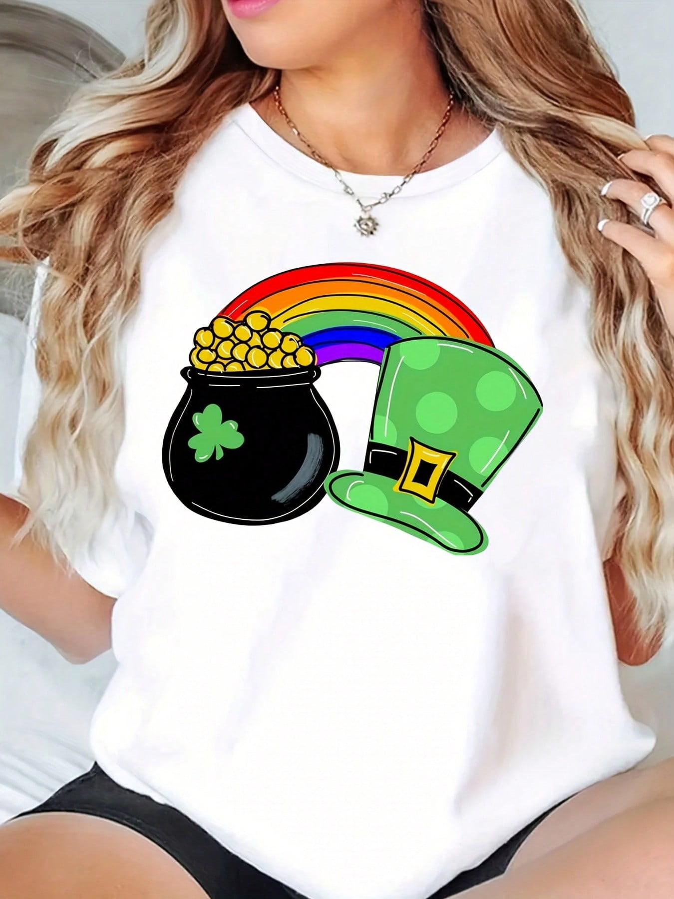 Irish Clover Pot of Gold Rainbow Women Short Sleeve Graphic Tee ...