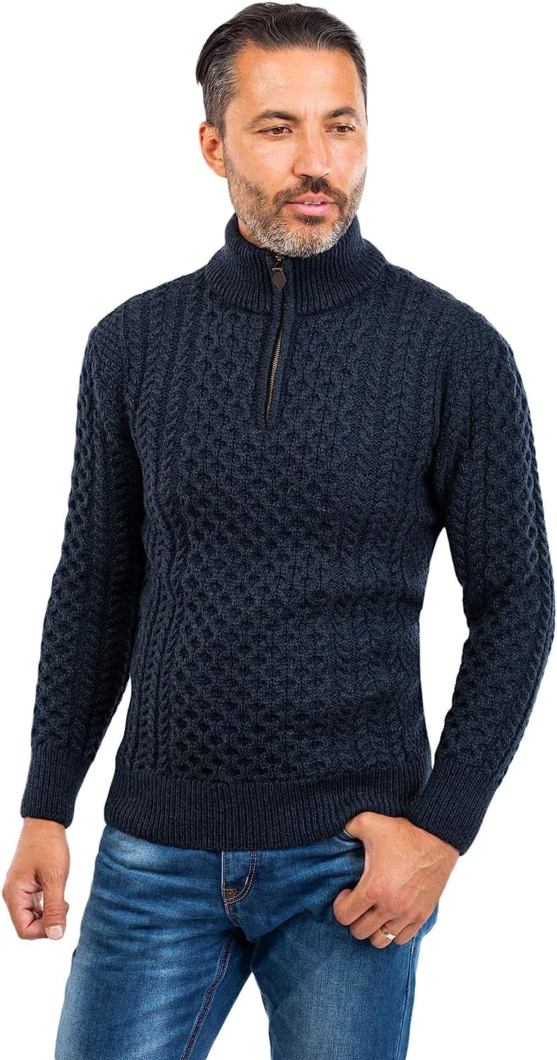 Irish Men's Aran Merino Wool Sweater 1/2 Zipper Jumper by Original Aran ...