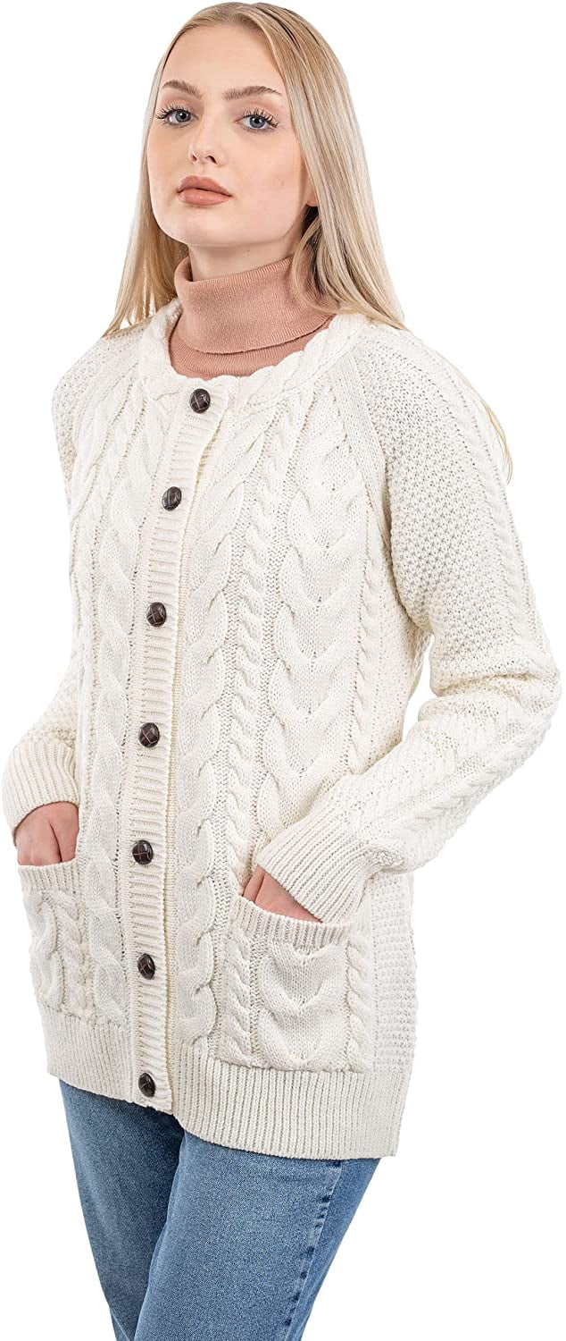Irish Merino Wool Lumber Cardigan for Women's Cable Jacket with Buttons ...