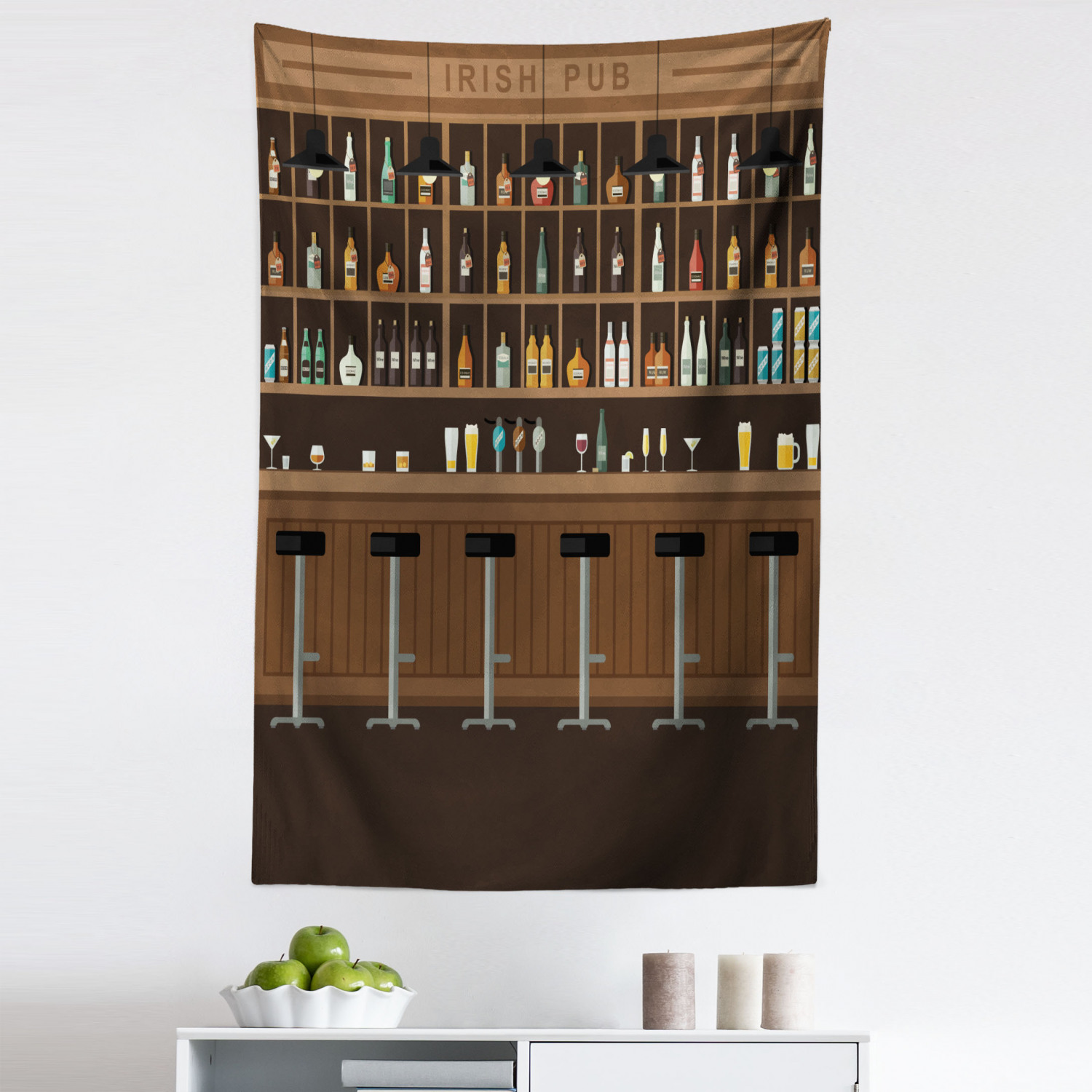 Irish Pub Tapestry, Cartoon Illustration of Bar Restaurant with Stools ...